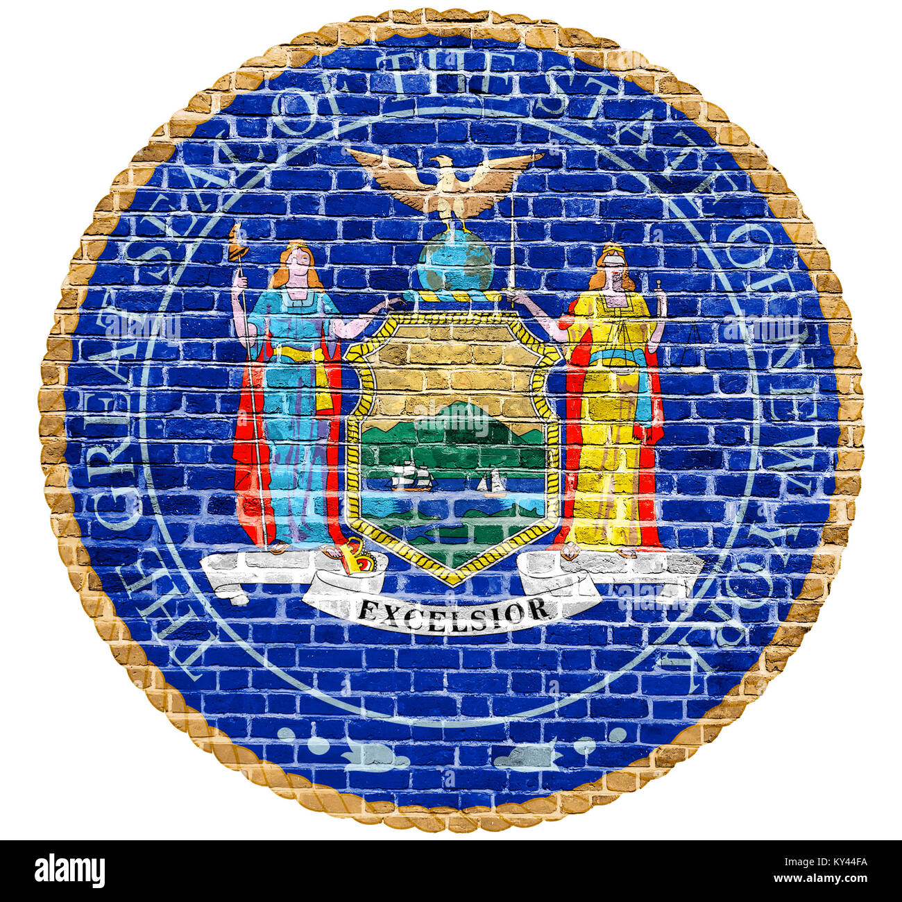new York Seal US flag painted on old vintage brick wall Stock Photo - Alamy