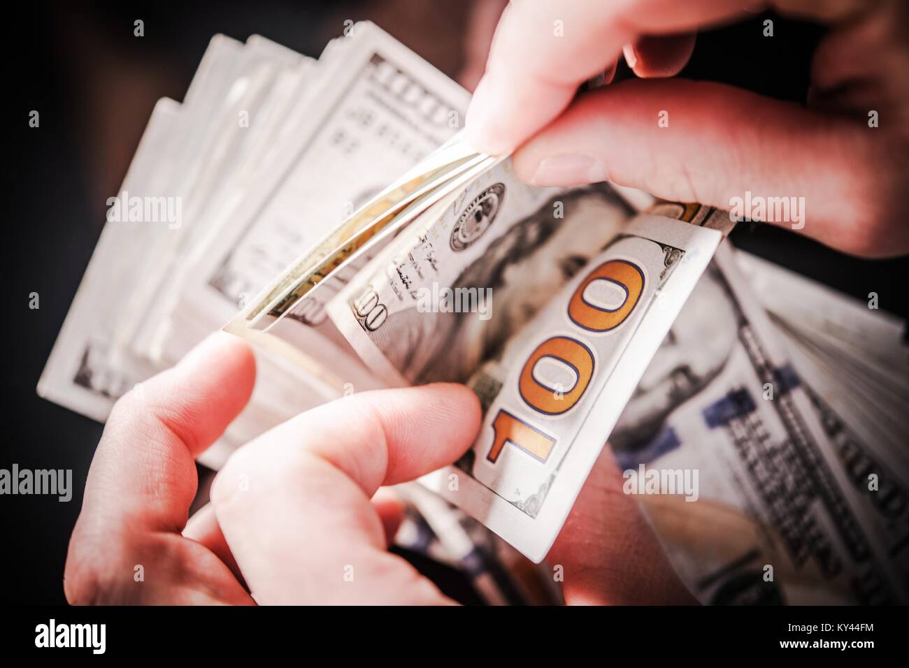 Dollar Banknotes Counting Closeup Photo. Caucasian Man Counting His ...