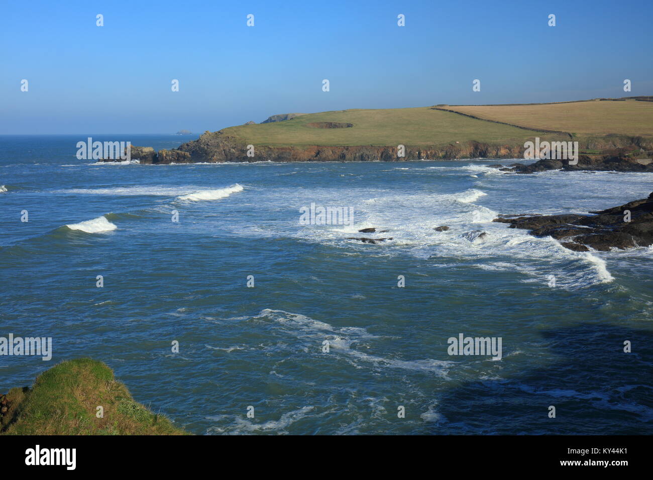 View across Newtrain bay to Trevone Bay, North Cornwall, England, UK ...