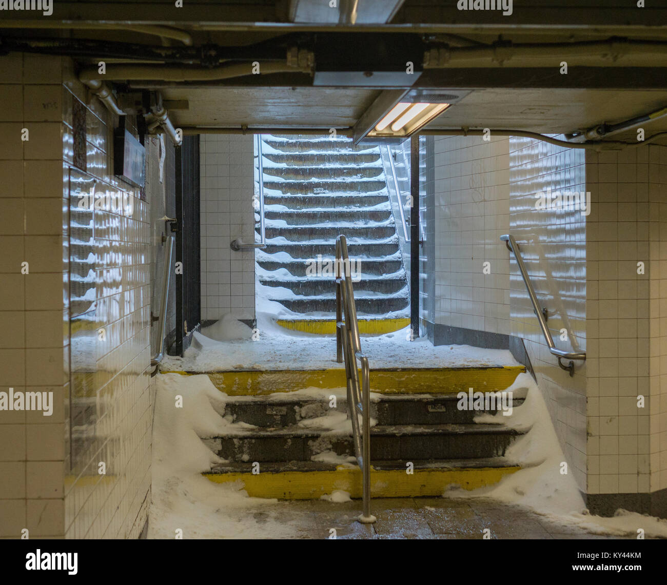 Snow covered stairs to enter the subway in Lower Manhattan during the ...