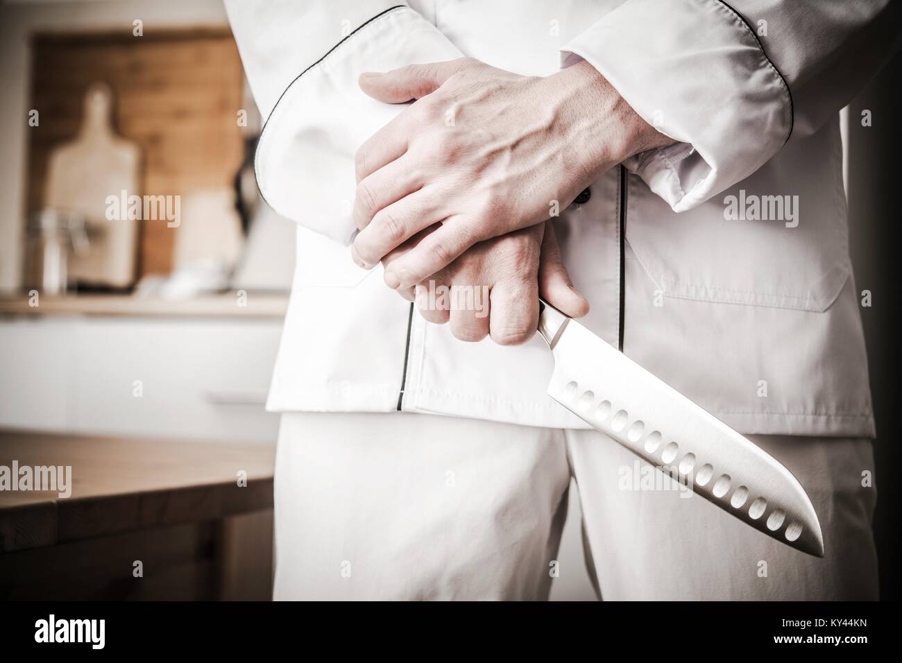 Italian Master Chef with Huge Kitchen Knife Getting Ready For Work ...