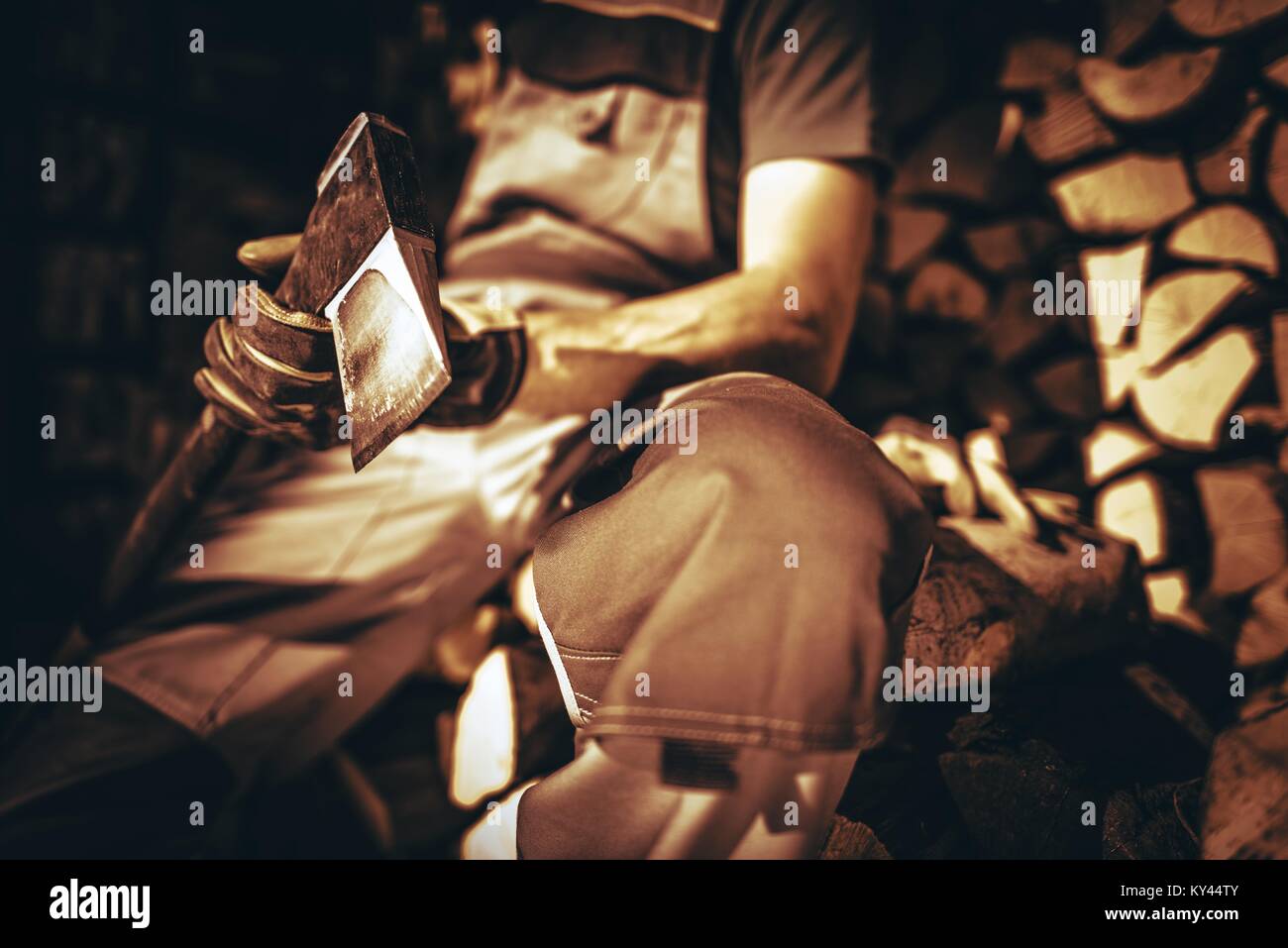 Wood Logs Chopping by Axe. Working Men in the Garden Woodshed. Sepia ...