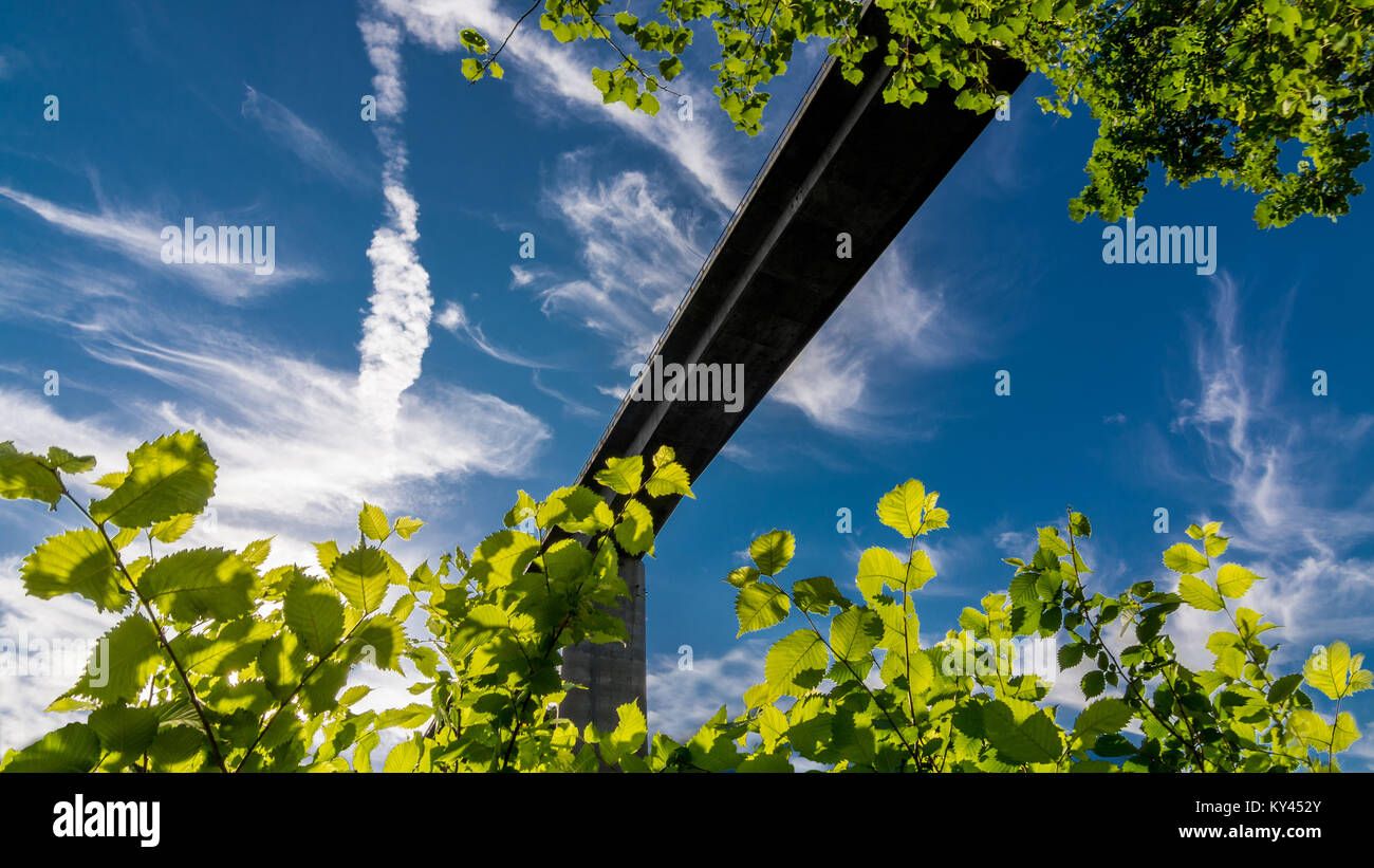 Silhouette of road bridge against blue sky. View from frog perspective ...