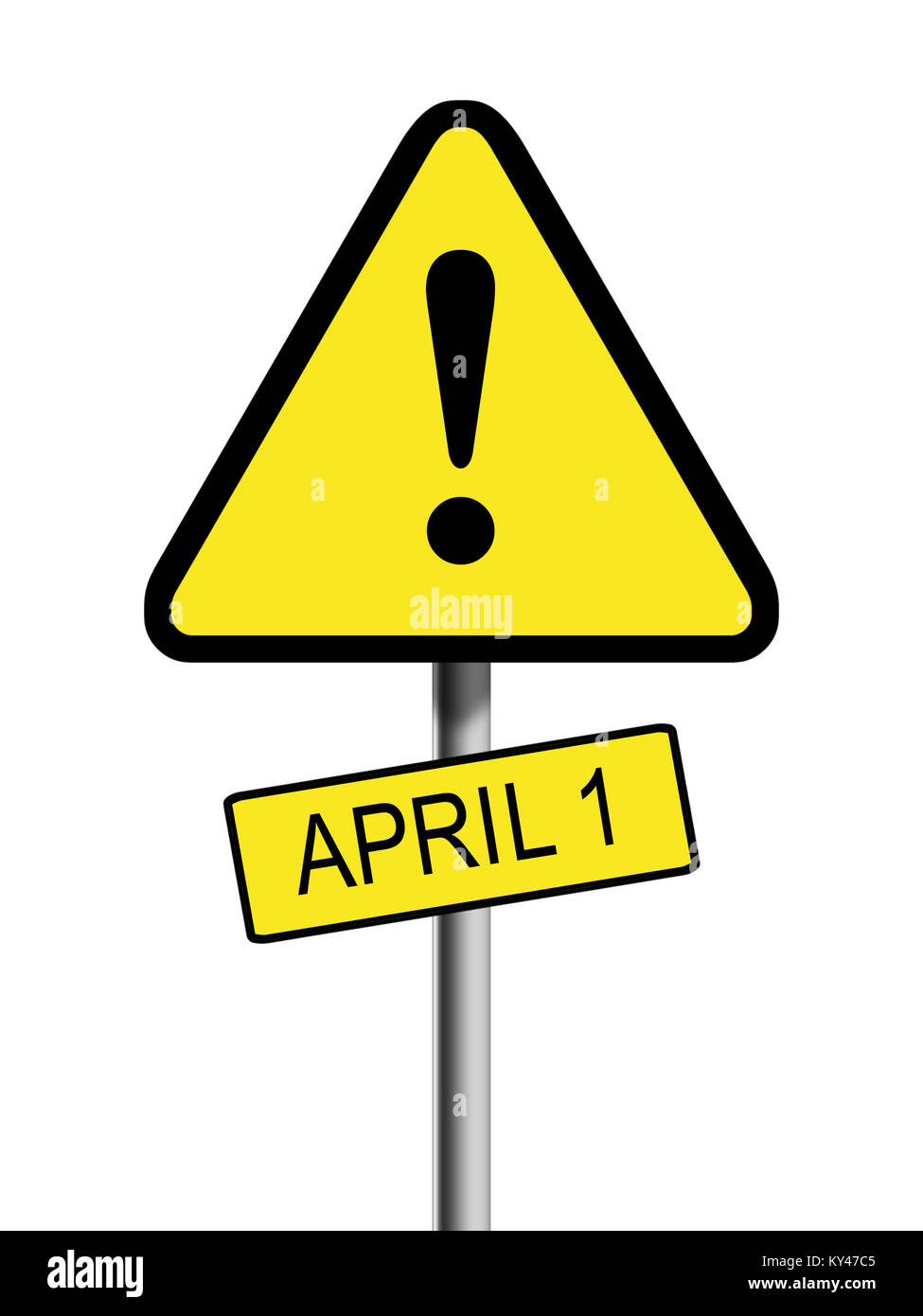 April 1st. Yellow and black danger warning sign. Clearly been knocked ...