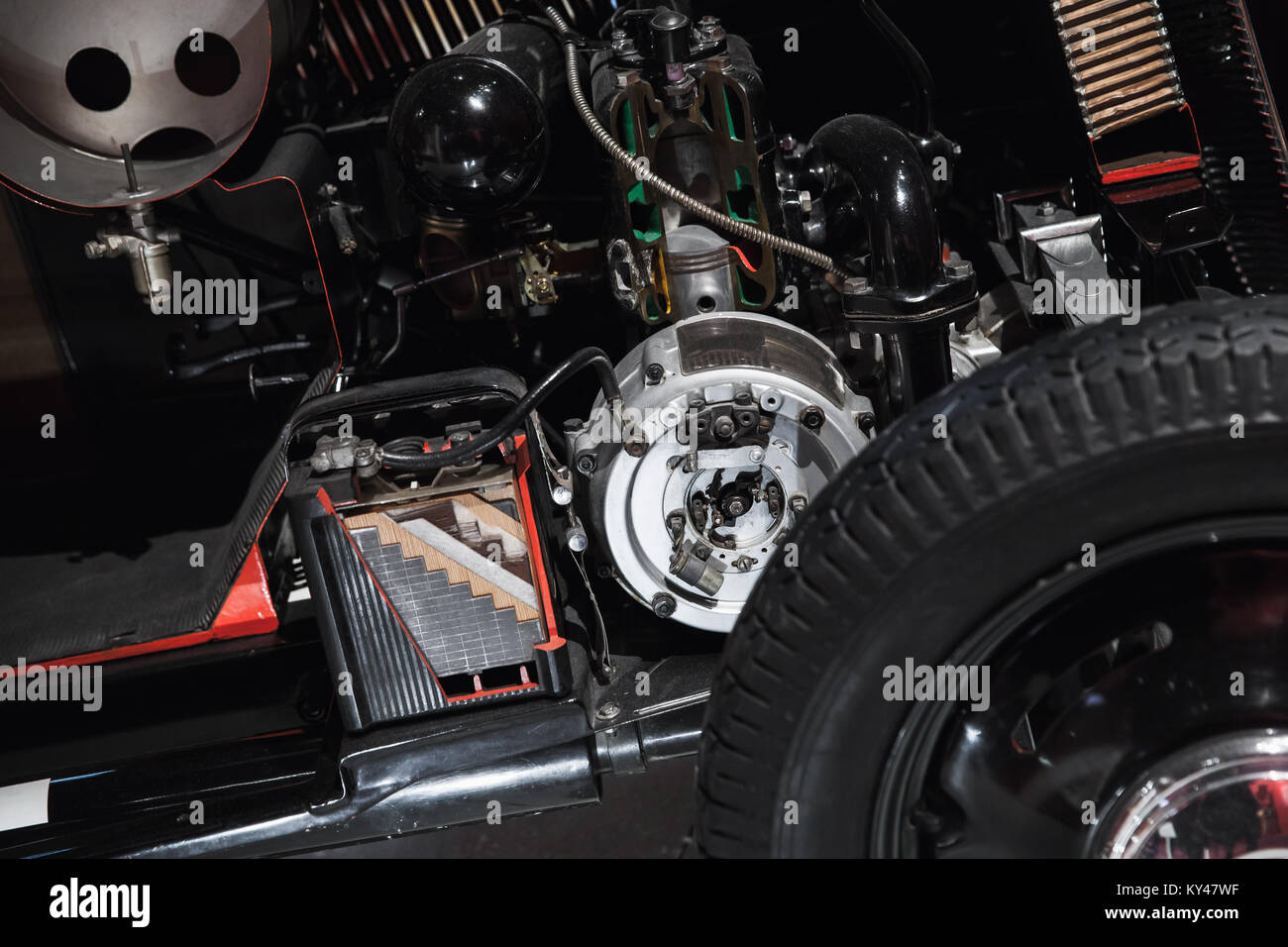 Old timer parts model. Engine, generator and battery of vintage car ...