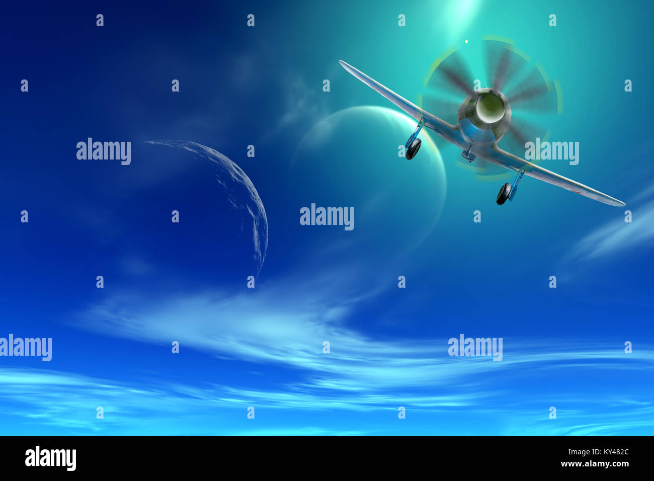 Collage. Old military aircraft fighter in the sky of an alien planet ...