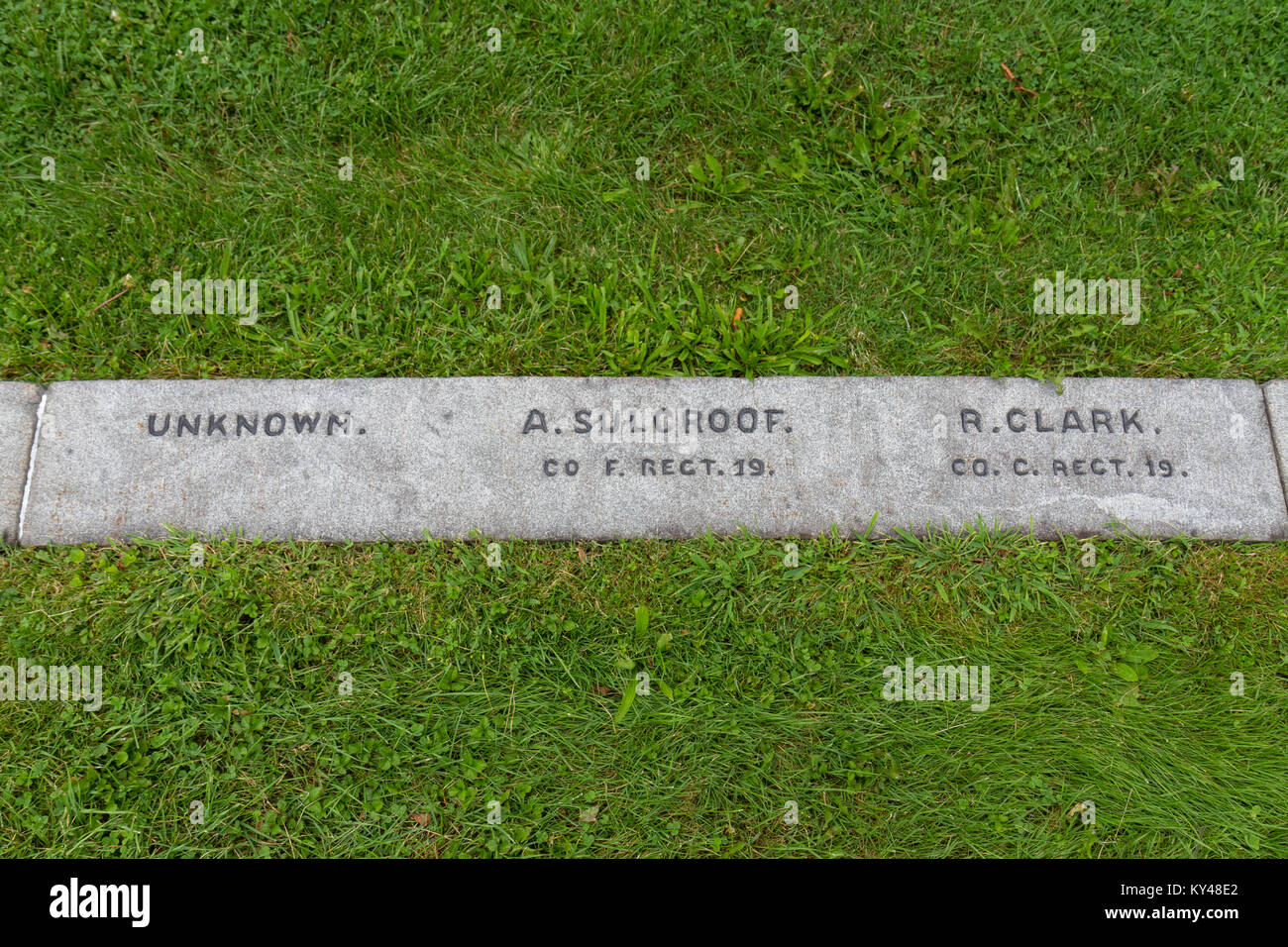 Grave stones in the ground, Gettysburg National Cemetery (Soldiers ...