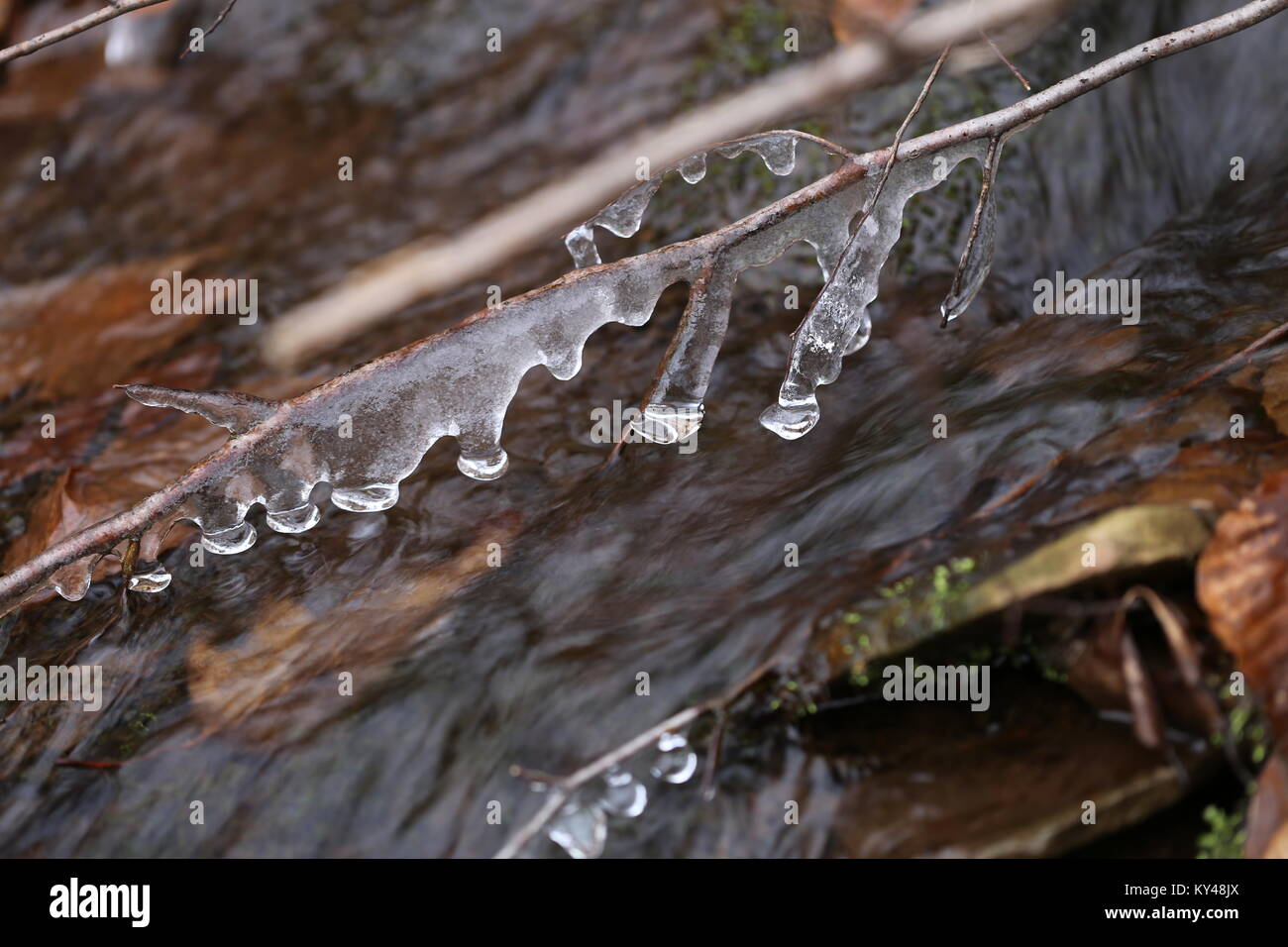 Ice sickles over a stream Stock Photo - Alamy