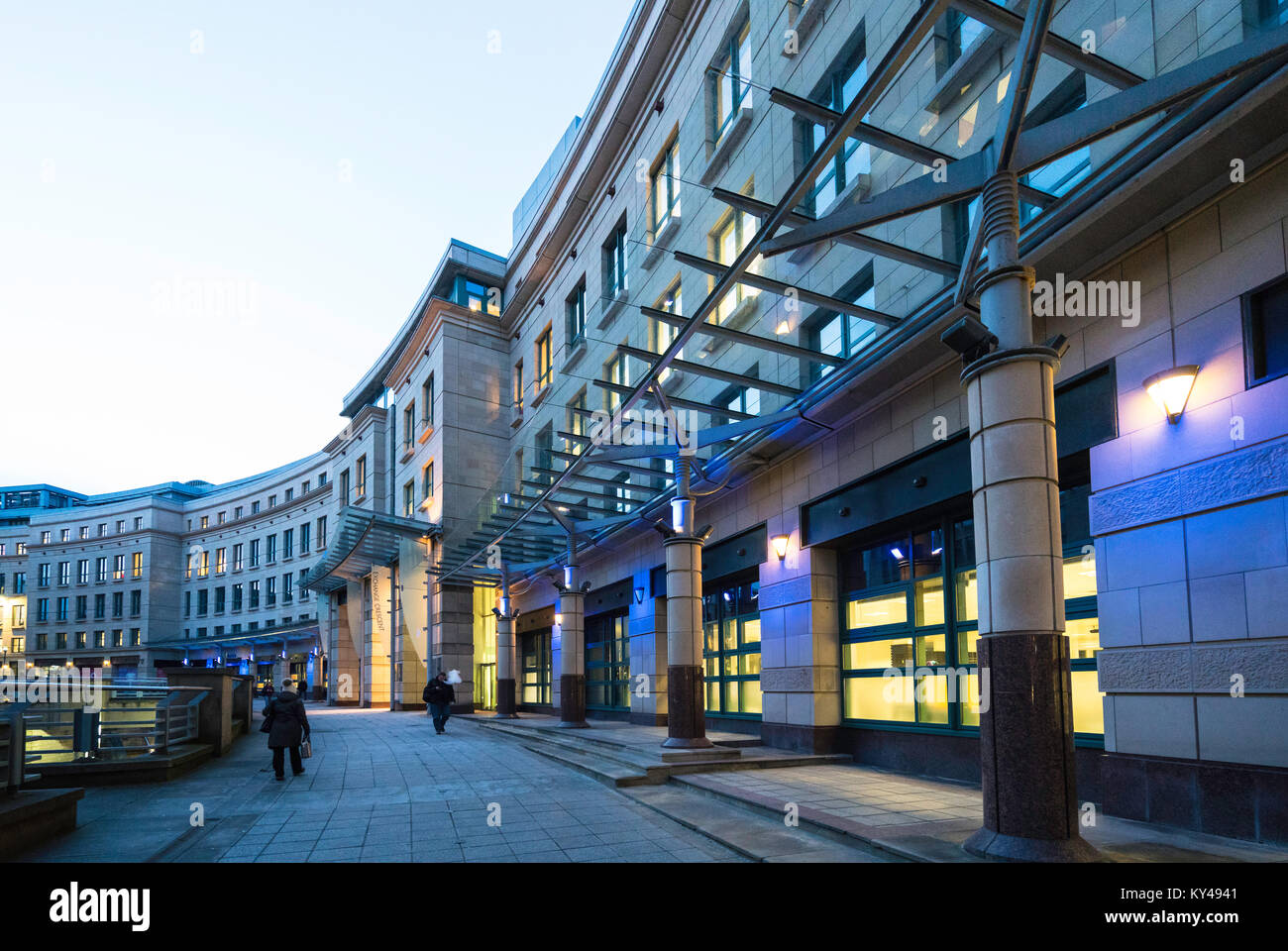 Evening view of office buildings in Exchange Crescent in modern new ...