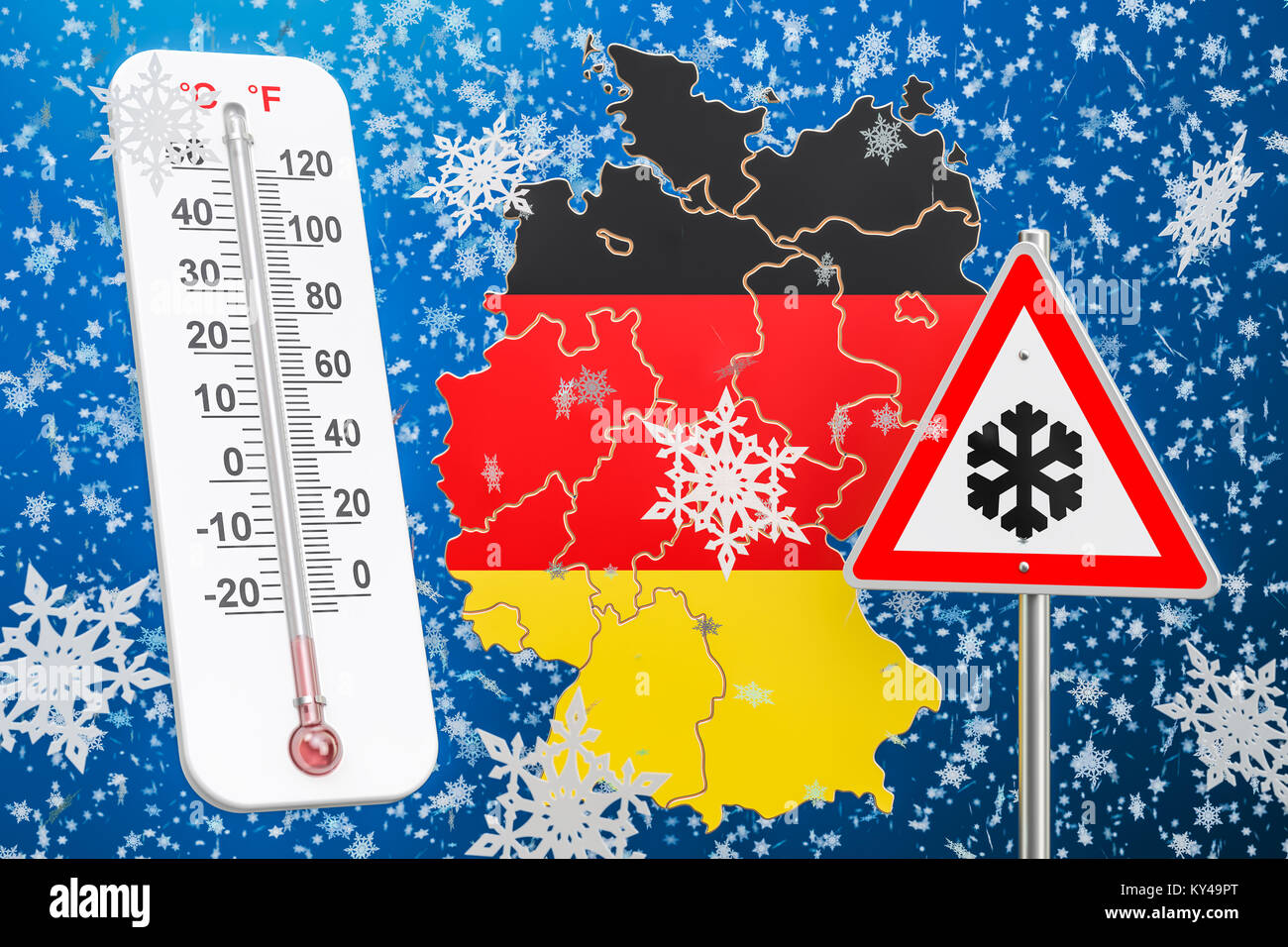 Snow hurricane, blizzards and winter storm in Germany concept, 3D ...