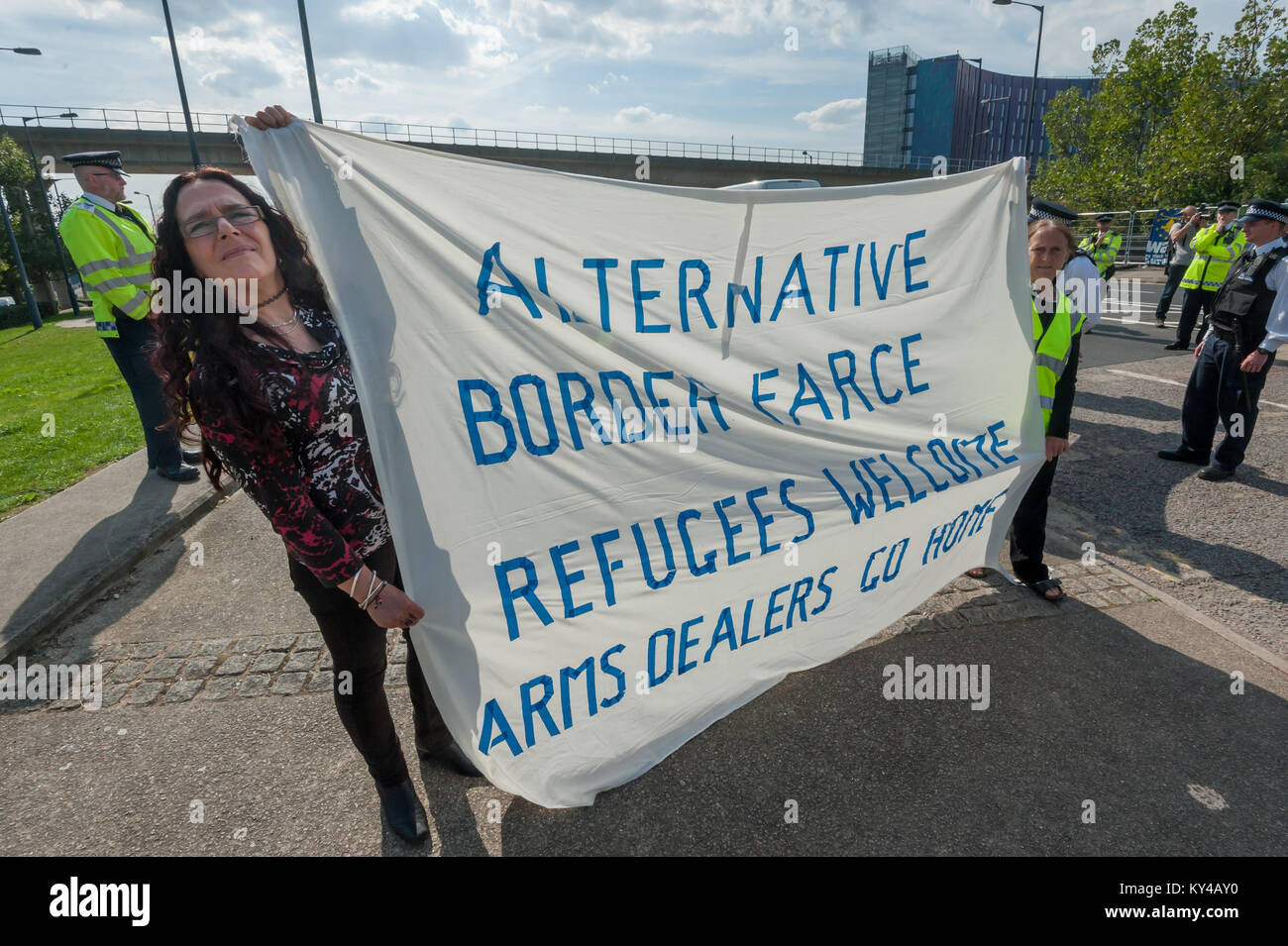 The banner for the 'Alternative Border Farce' on the pavement. Rather ...