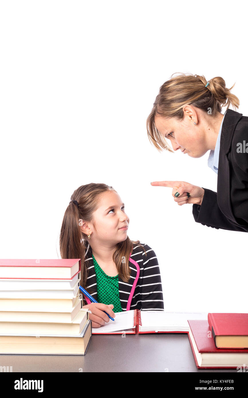 Portrait of angry menacing teacher threatening her student isolated ...