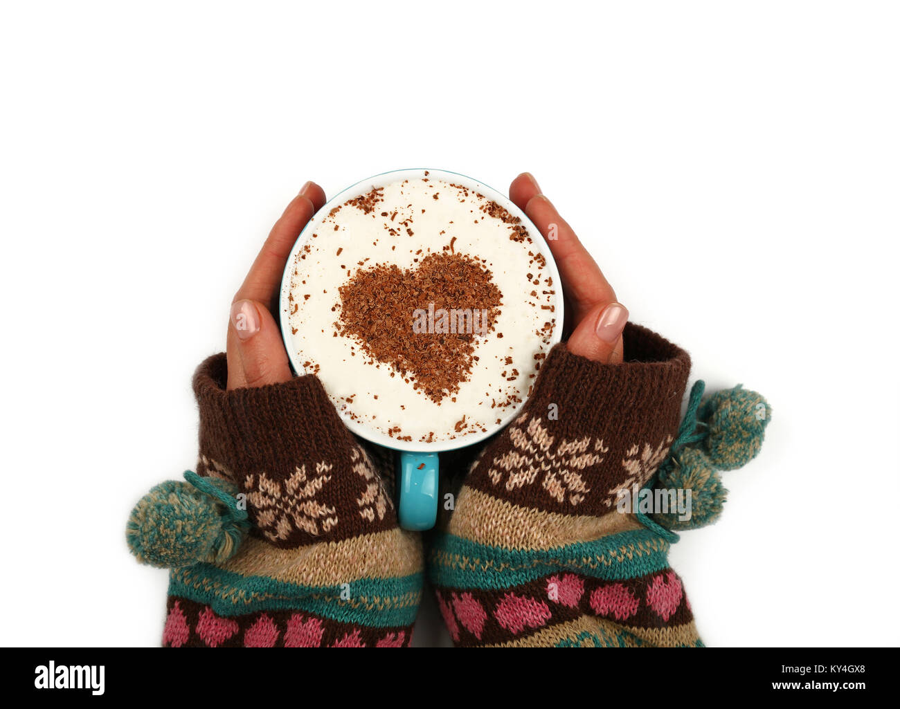 Close up two woman hands hold and hug big full cup of latte cappuccino ...