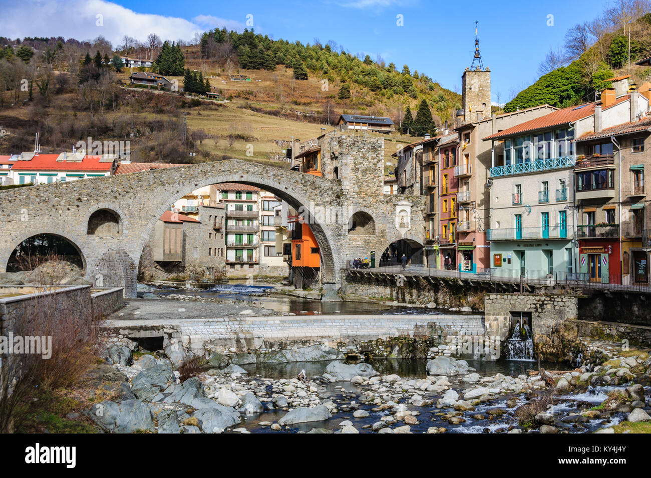 Stone bridge and river in the medieval Catalan village of Camprodon ...