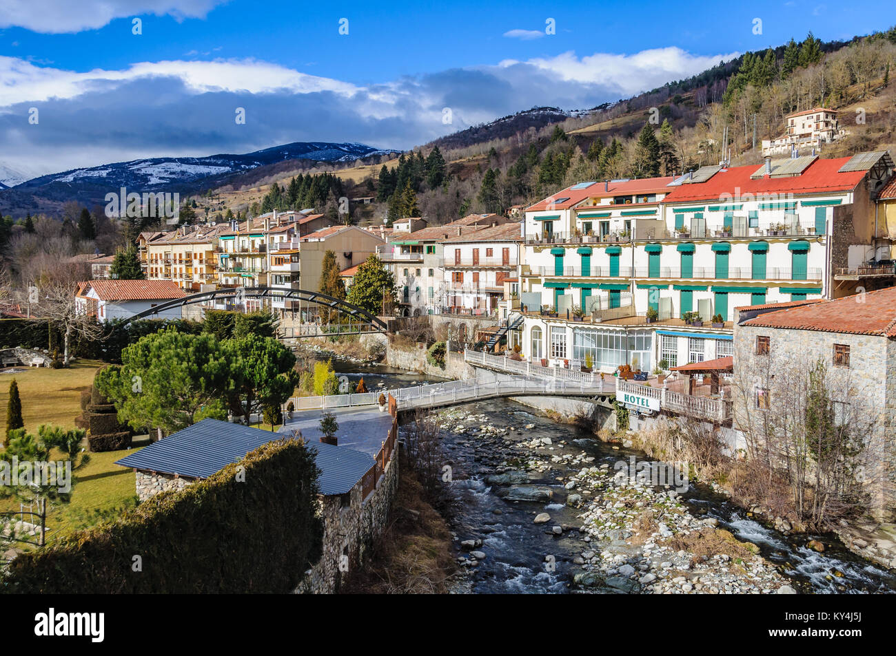 Riverside houses in the medieval Catalan village of Camprodon, Spain ...