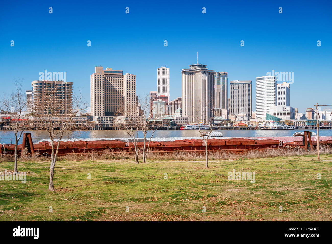 New Orleans and the Mississippi riverbank with barges in Louisiana, USA ...