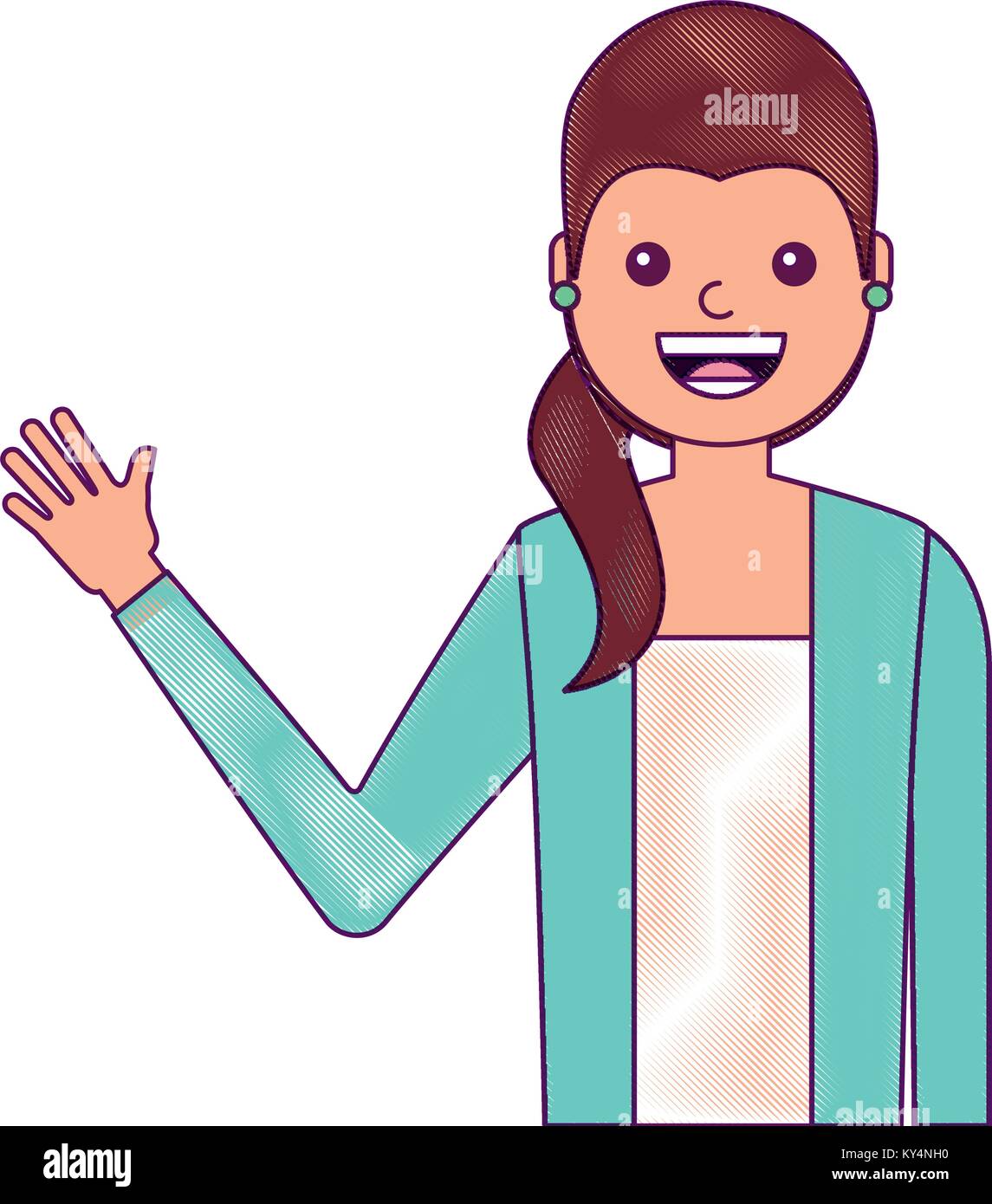 portrait young woman waving hand happy cartoon vector illustration ...