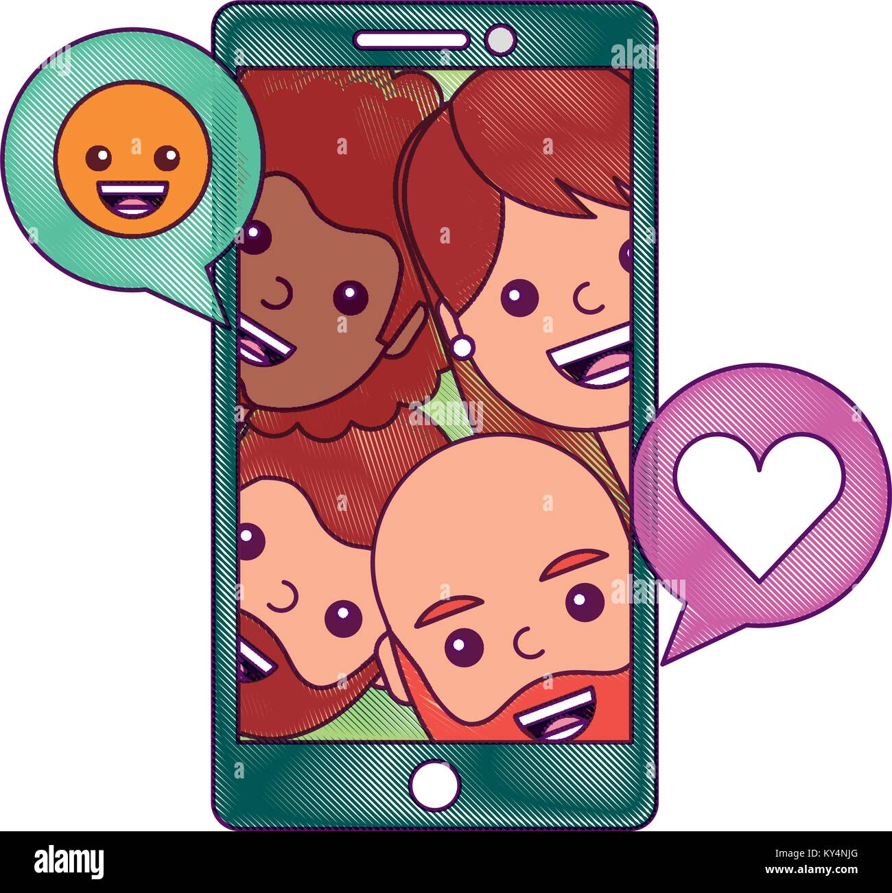 smartphone people talking love and smile emoticon vector illustration ...