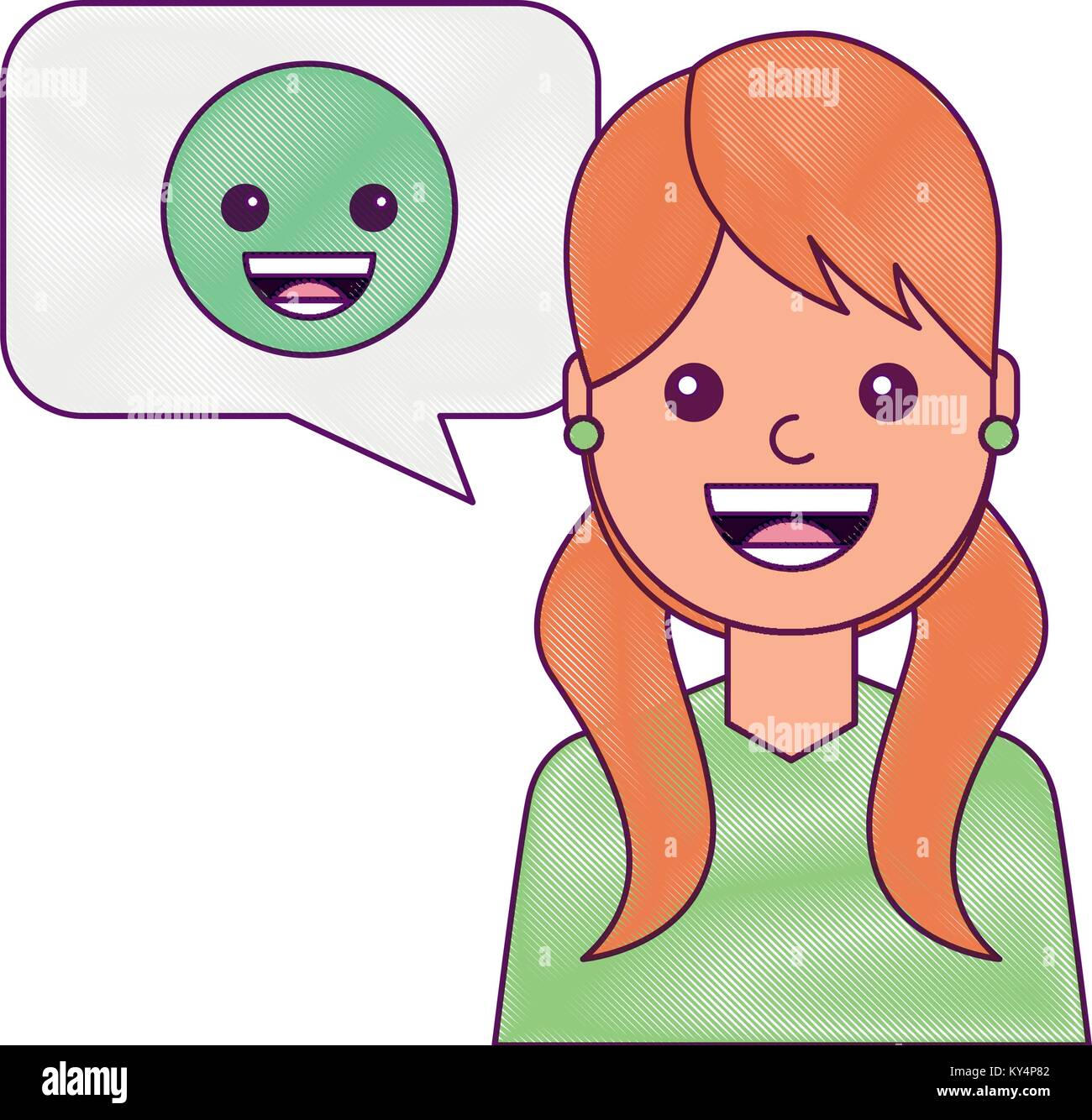 young woman with smile emoticon in speech bubble illustration drawing ...