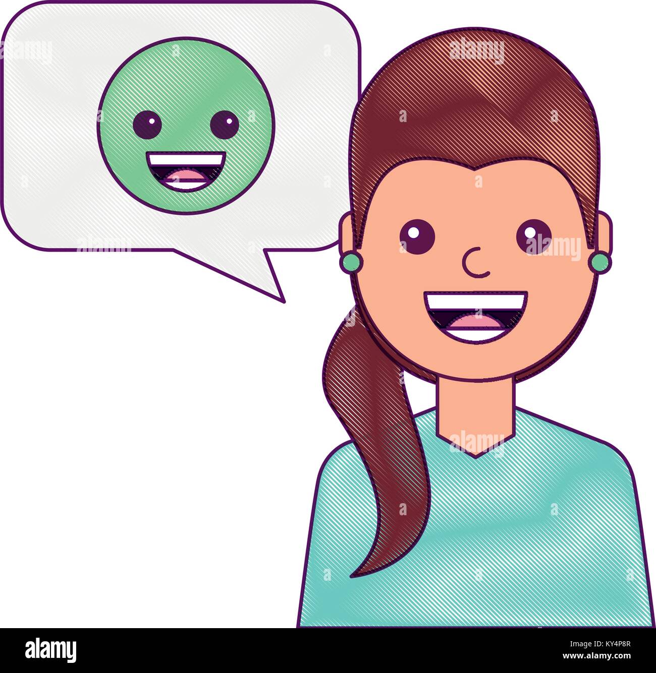 young woman with smile emoticon in speech bubble illustration drawing ...