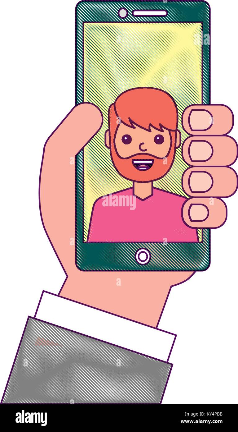 hand holding phone with man on screen talking vector illustration ...