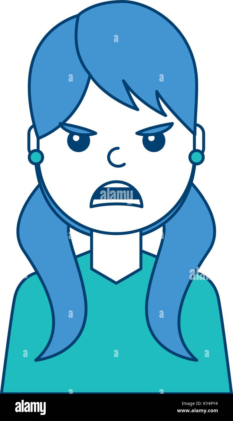 portrait woman angry facial expression cartoon vector illustration blue ...