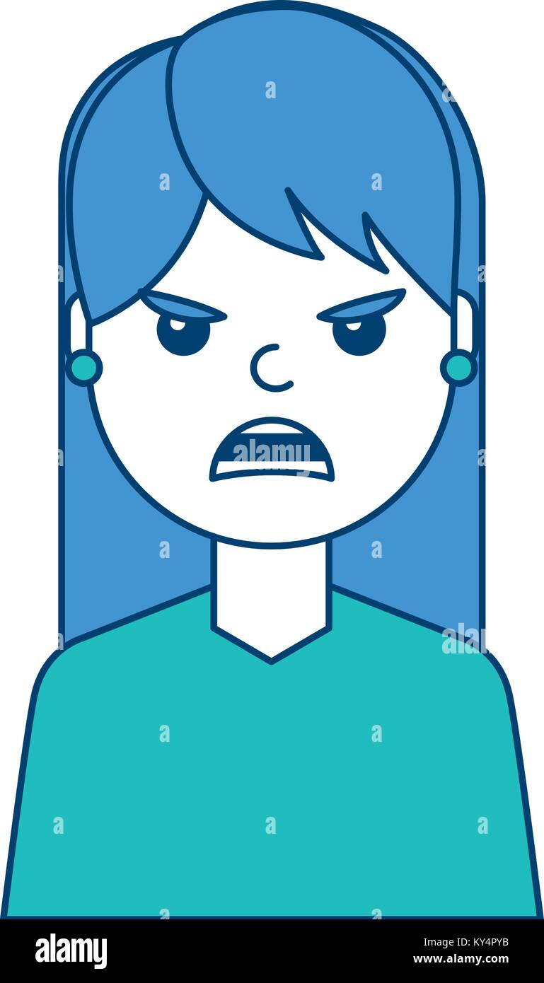portrait woman angry facial expression cartoon vector illustration blue ...