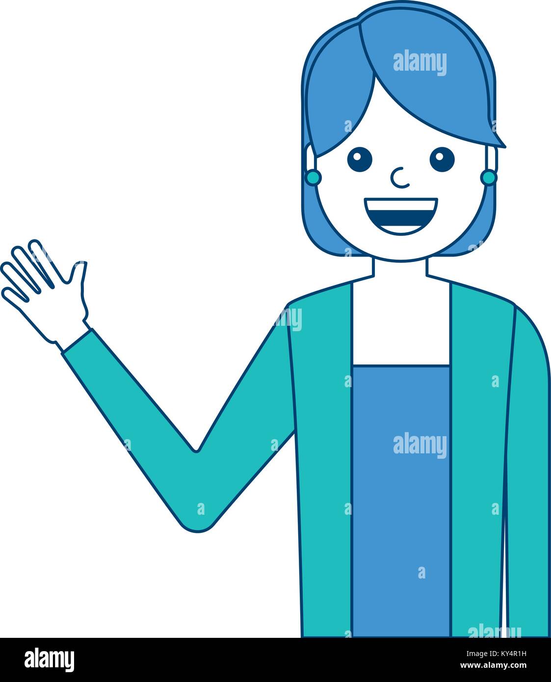 portrait young woman waving hand happy cartoon vector illustration blue ...