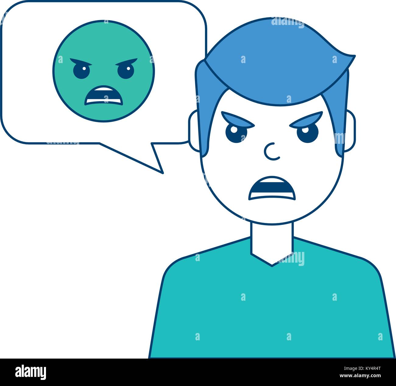 man with angry emoticon in speech bubble vector illustration blue and ...