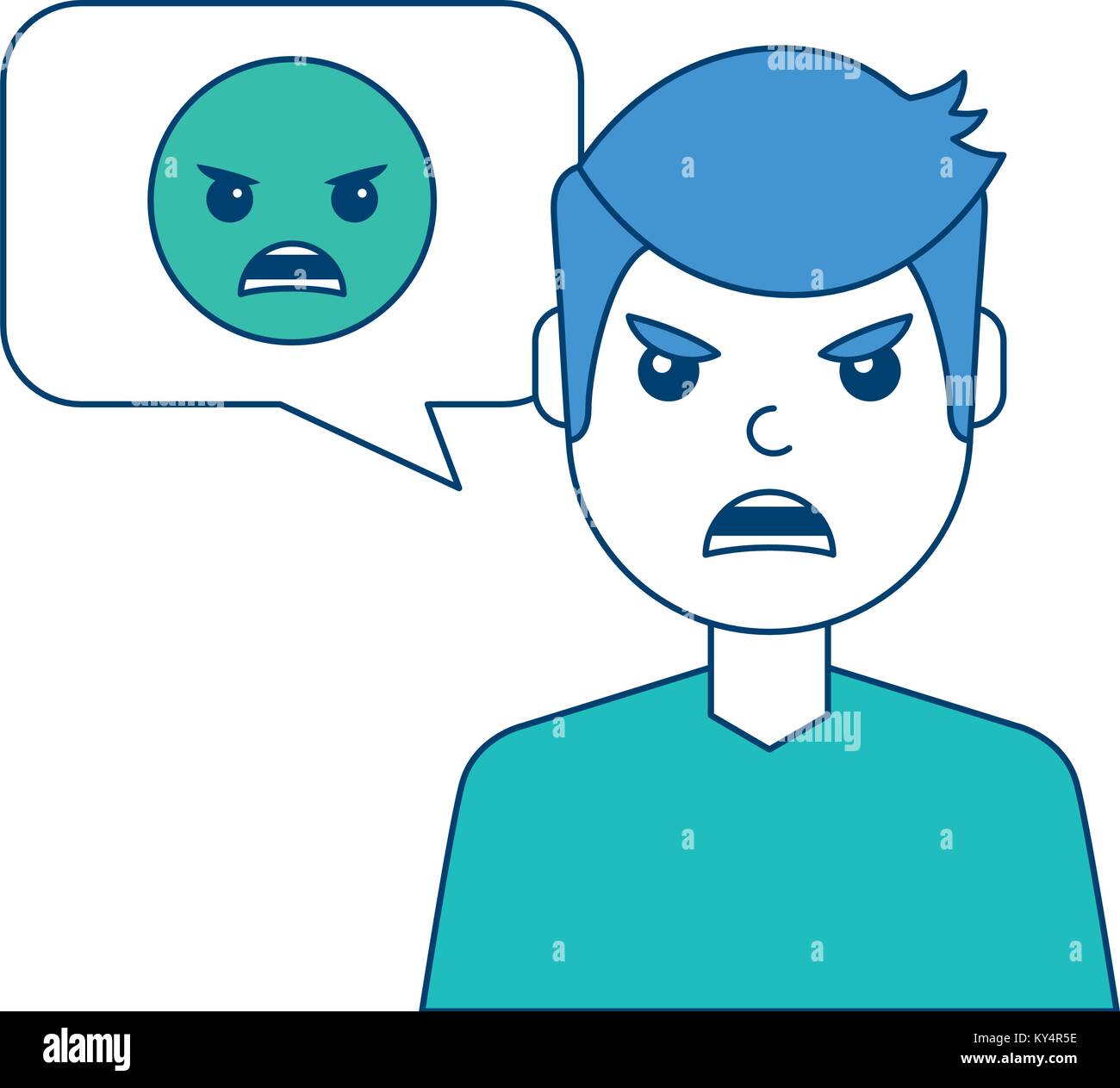 man with angry emoticon in speech bubble vector illustration blue and ...