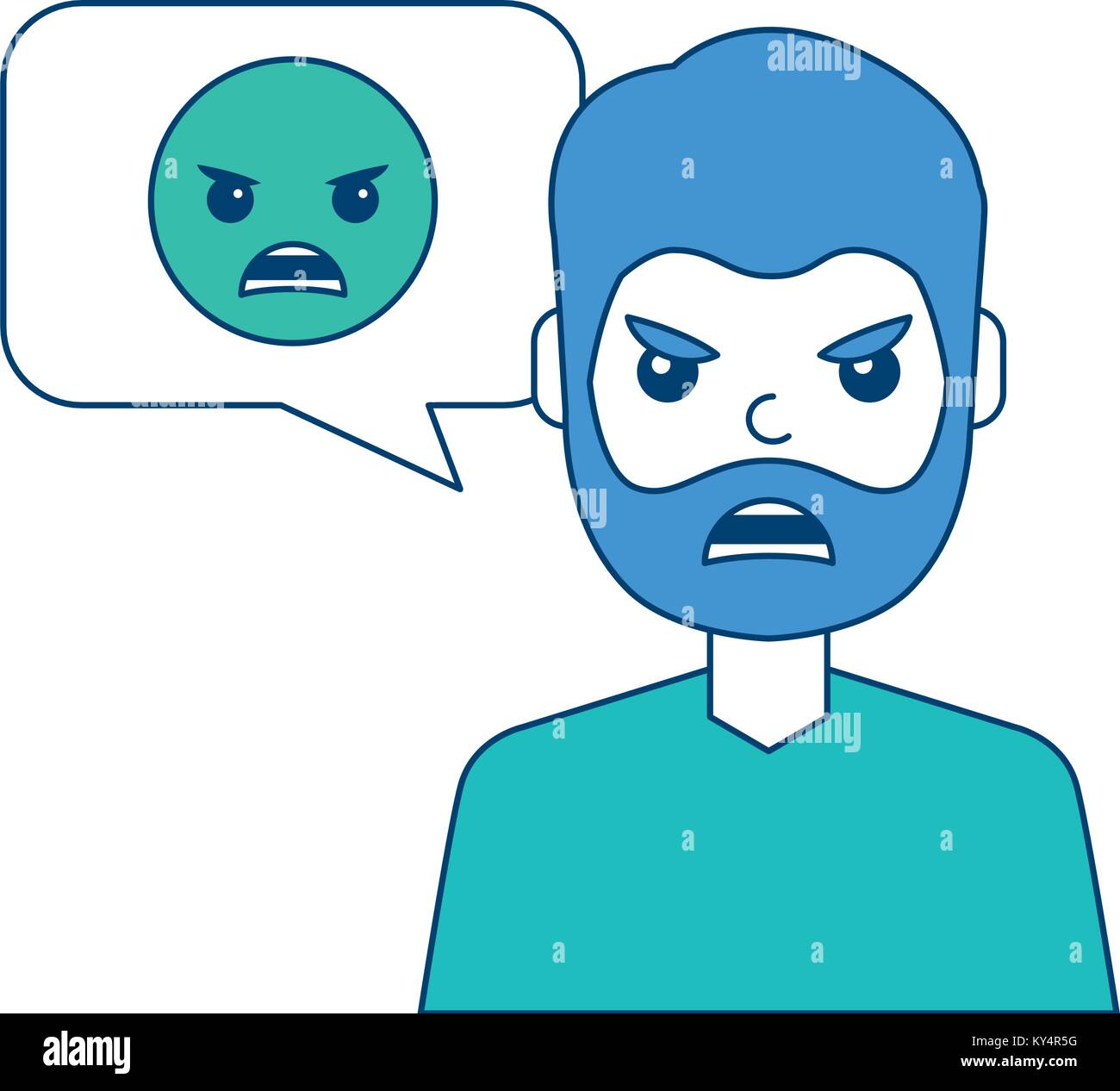 man with angry emoticon in speech bubble vector illustration blue and ...