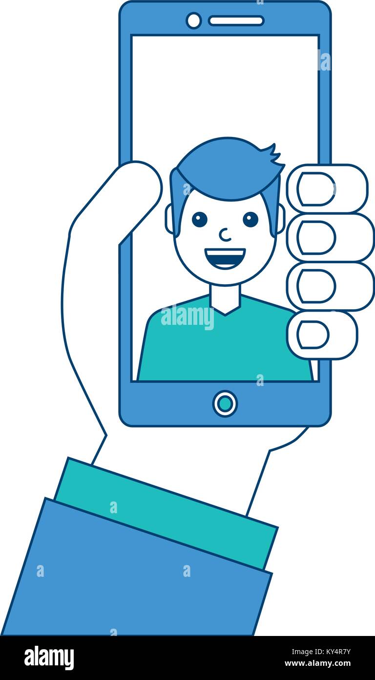 hand holding phone with man on screen talking vector illustration blue ...