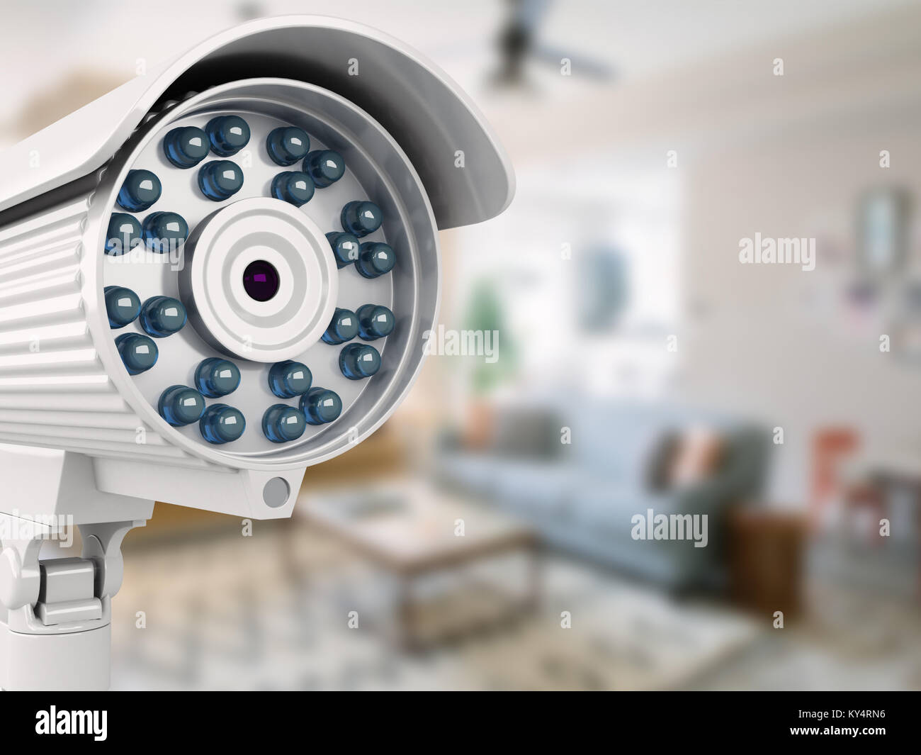 3d illustration. security camera or cctv camera with blurred room ...