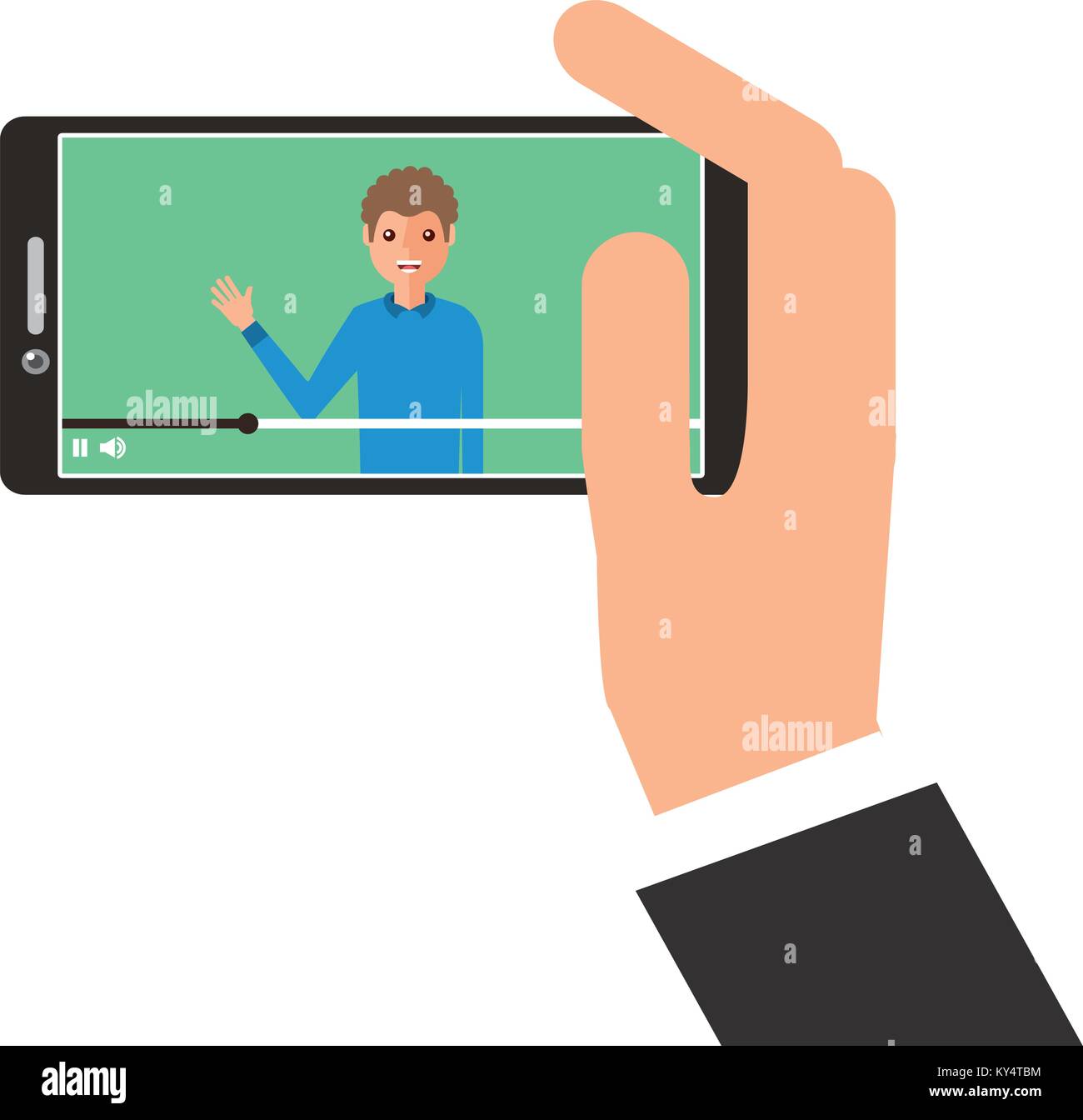 young man waving happy in smartphone avatar character vector ...