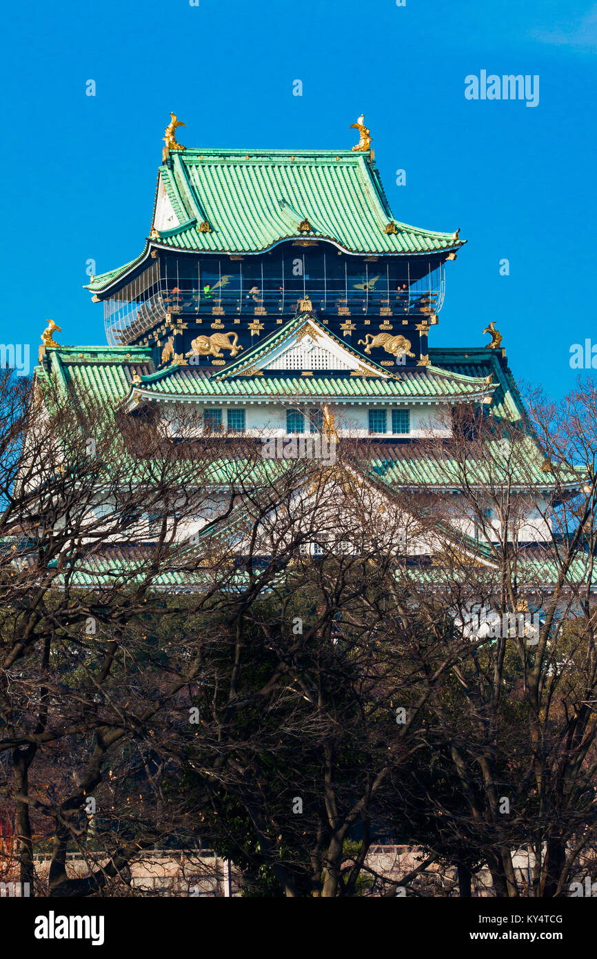 View of Osaka Castle from across the moat, through the trees in the ...