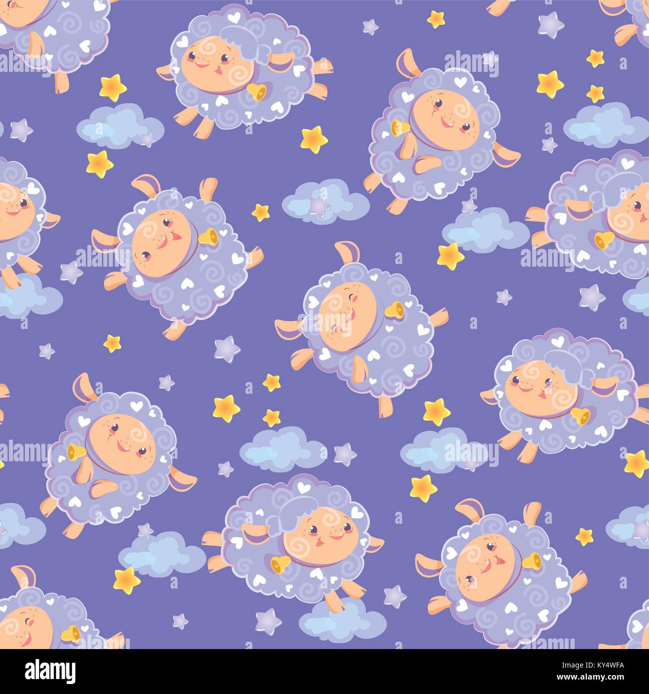 Seamless pattern of counting cute sheep to fall asleep. Cartoon happy ...