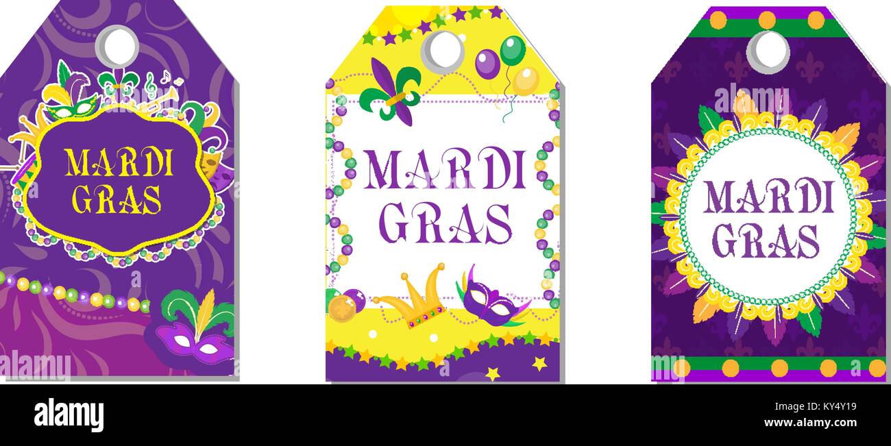 Mardi Gras carnival tags set. Labels collection with feather mask ...
