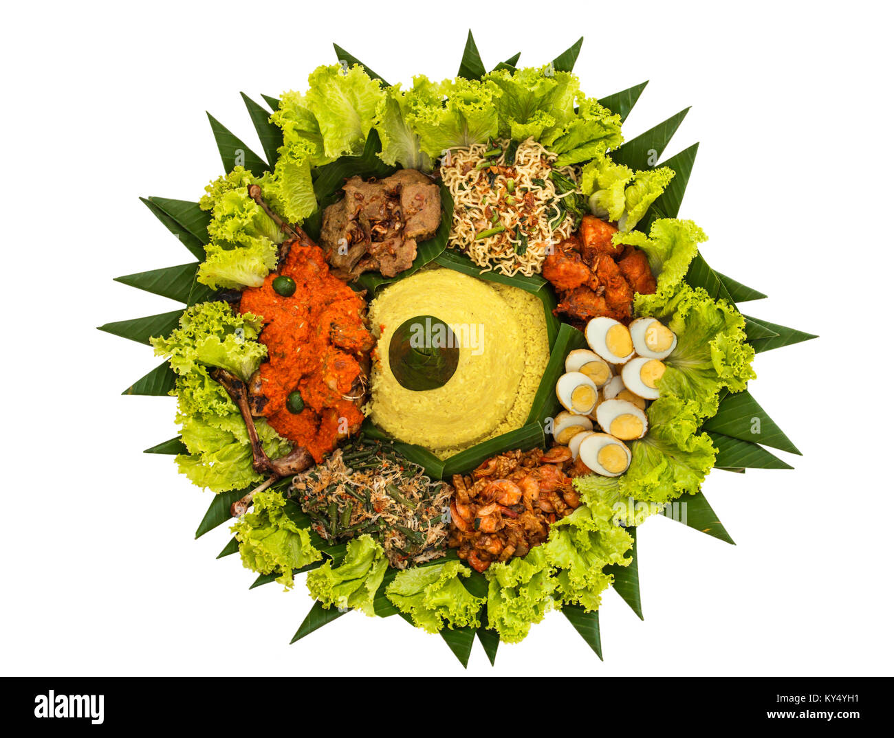top view portrait of nasi tumpeng for celebration, indonesian cuisine ...