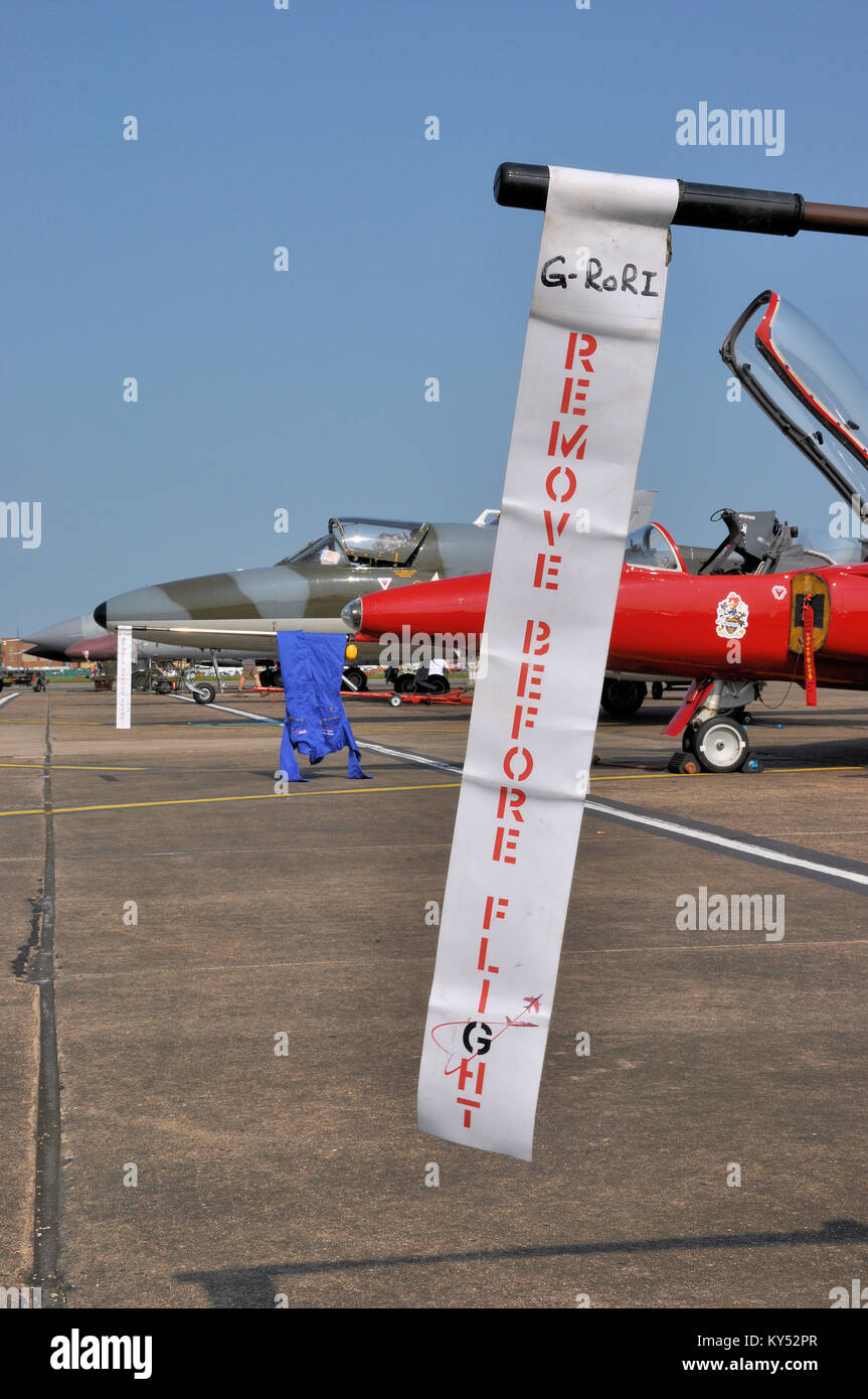 Remove before flight tag on a Red Gnats Folland Gnat jet plane G-RORI ...