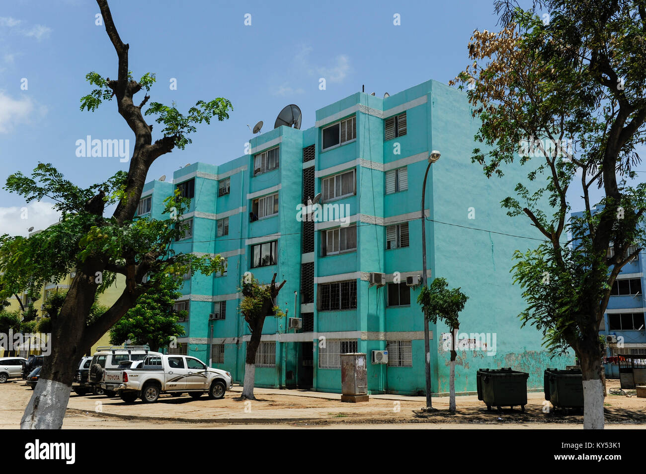 ANGOLA, Cuanza Sul, Sumbe town, block building in communist GDR DDR ...