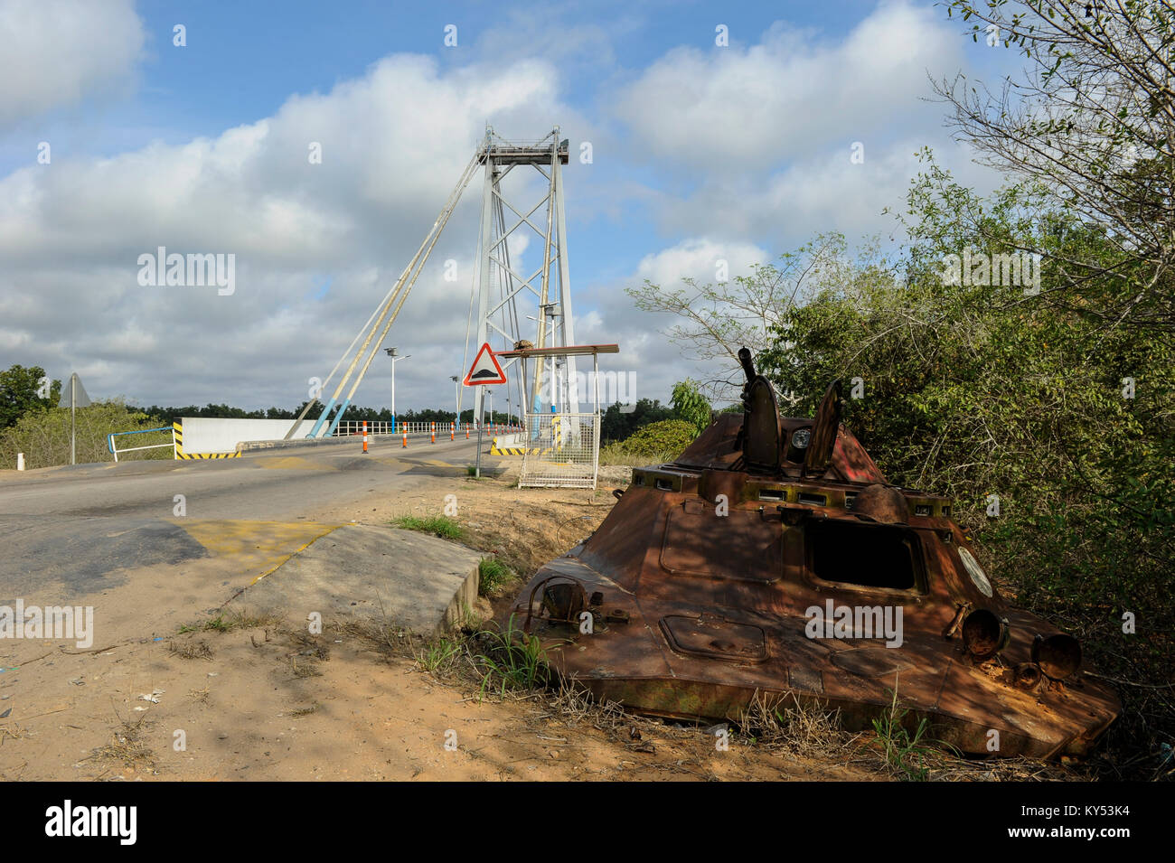ANGOLA, road from Sumbe to Luanda, wreck of soviet russian battle wagon ...