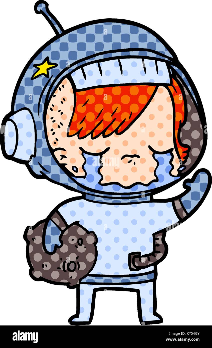 cartoon crying astronaut girl carrying rock sample Stock Vector Image ...
