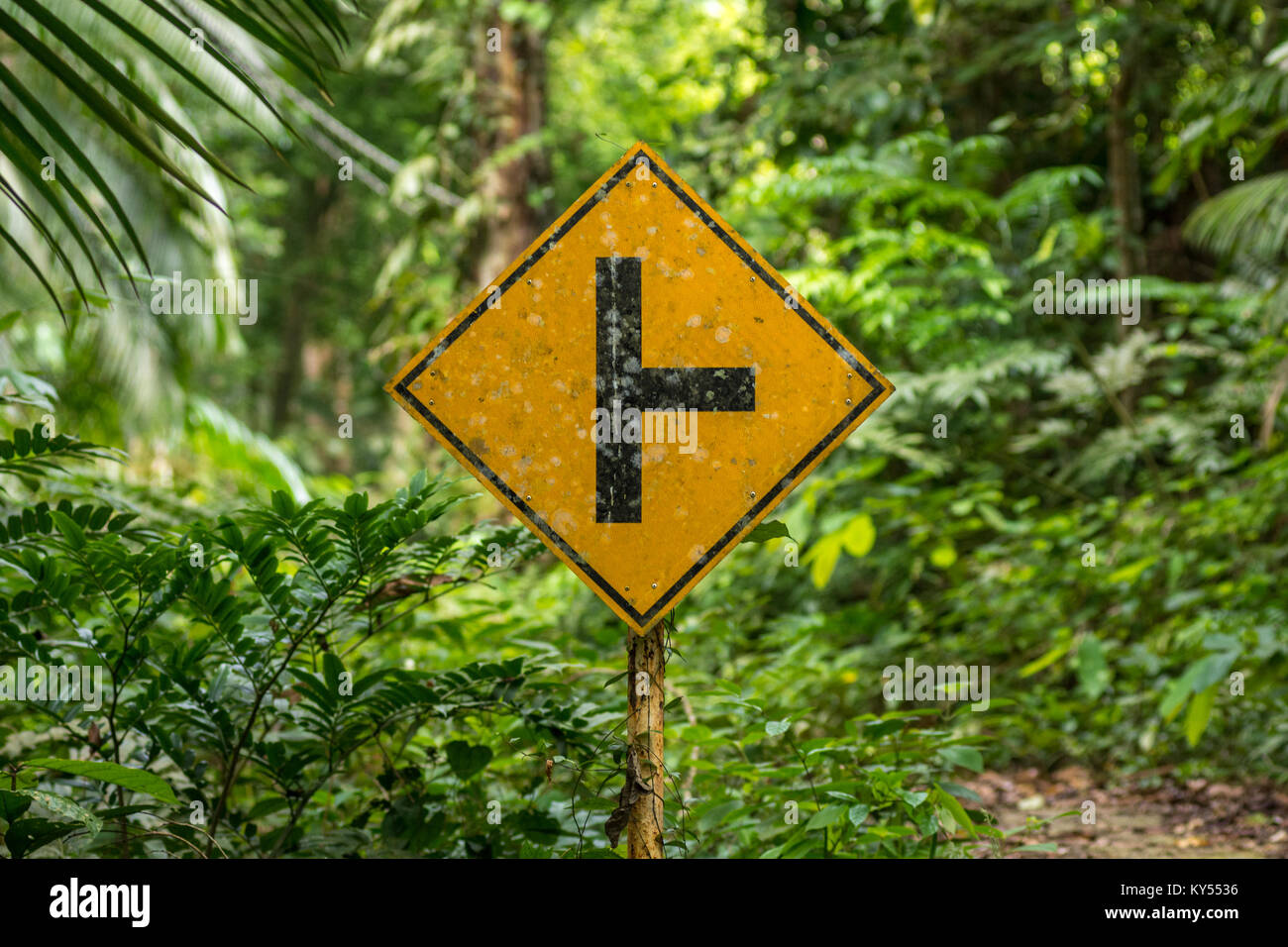 Old dirty Yellow and black dirtection junction road sign on post with ...