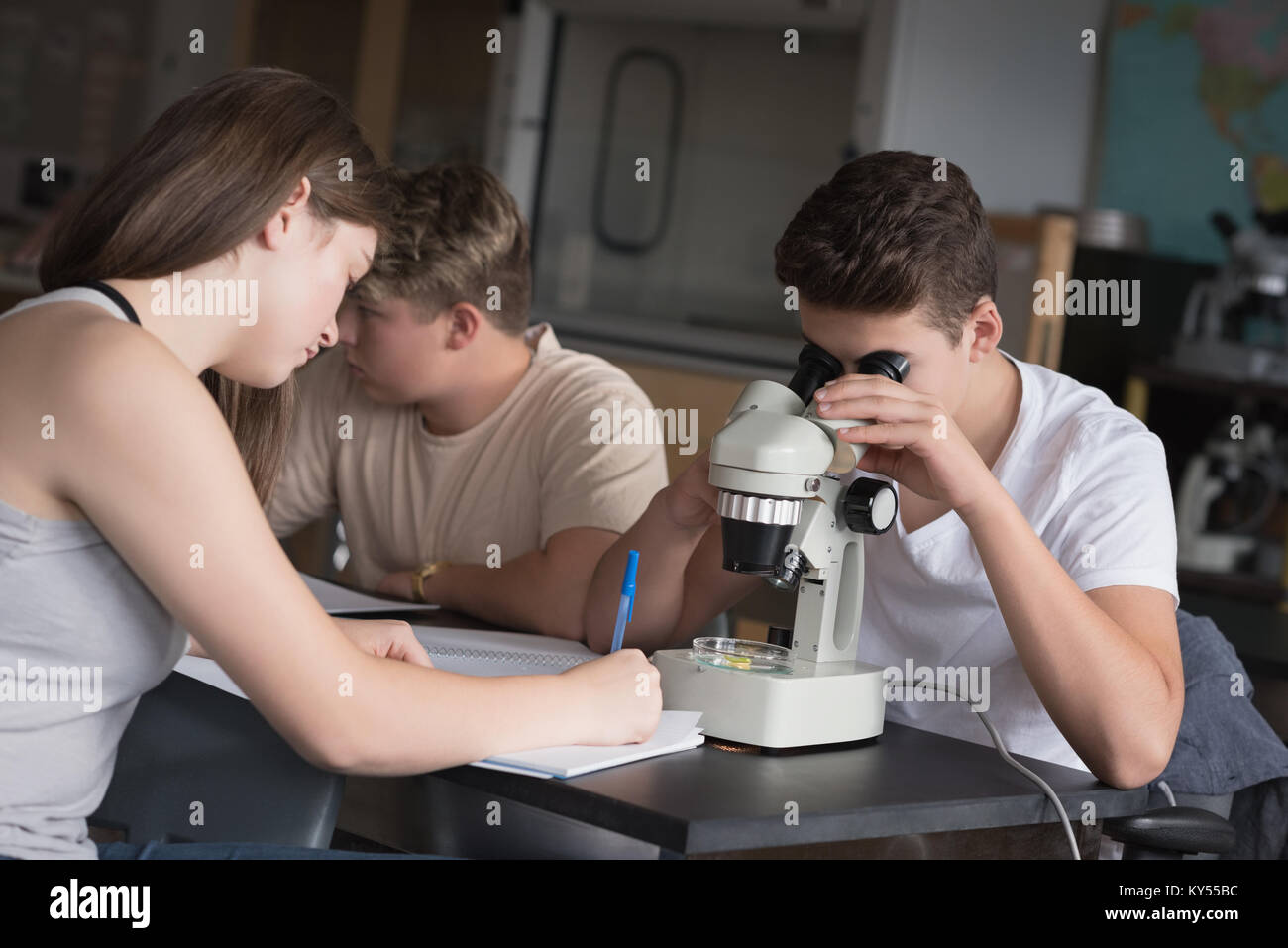 College students experimenting on microscope in laboratory Stock Photo ...