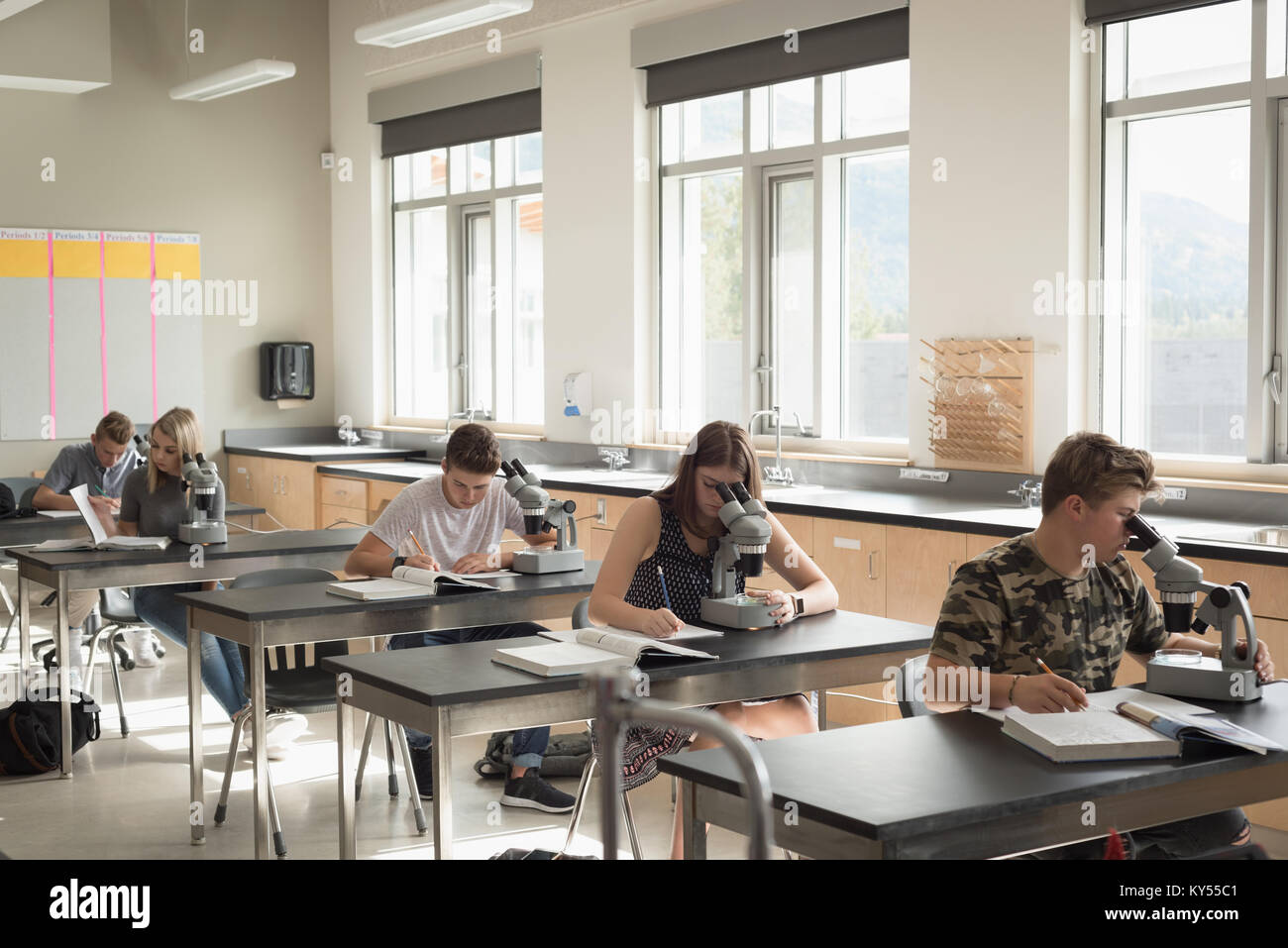 College students experimenting on microscope in laboratory Stock Photo ...