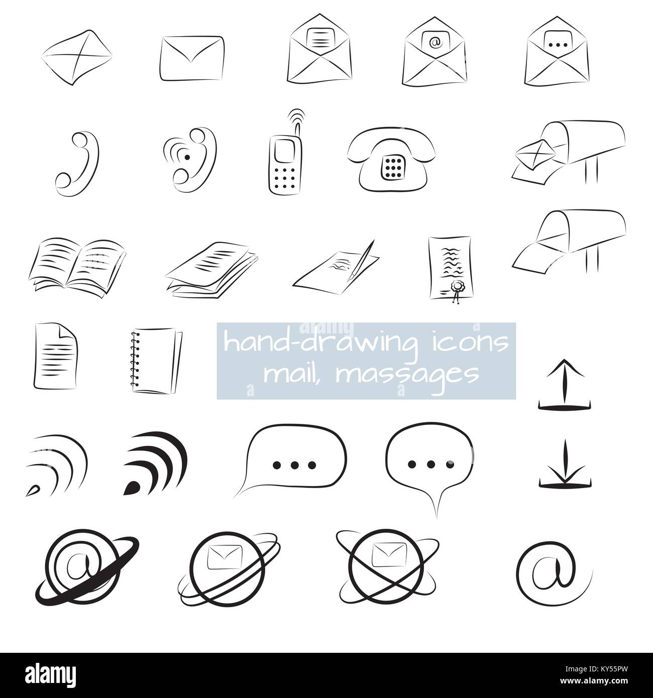 hand-drawn contour icons mail, letters, messages, communication Stock ...
