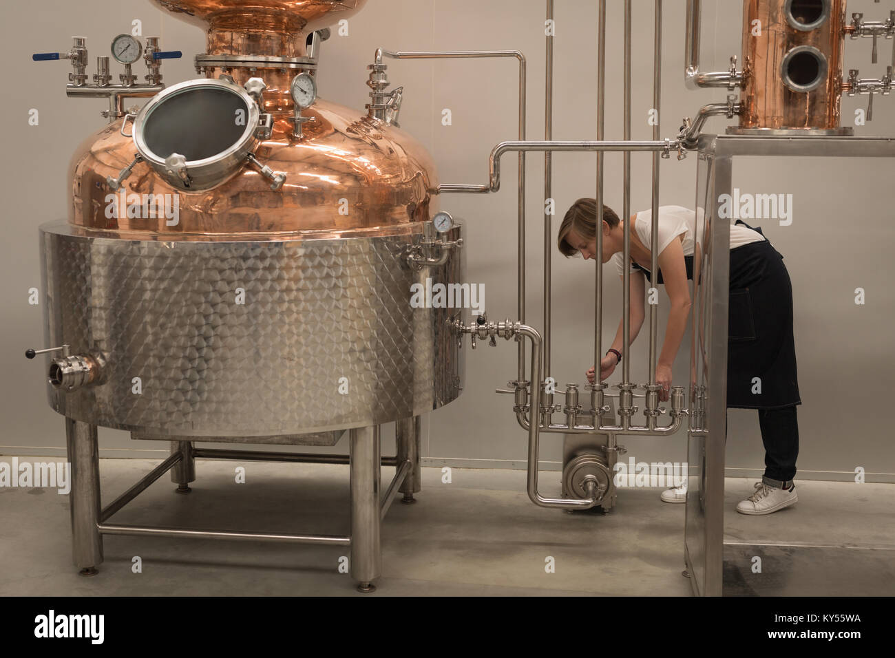 Female worker checking machine of distillery Stock Photo - Alamy
