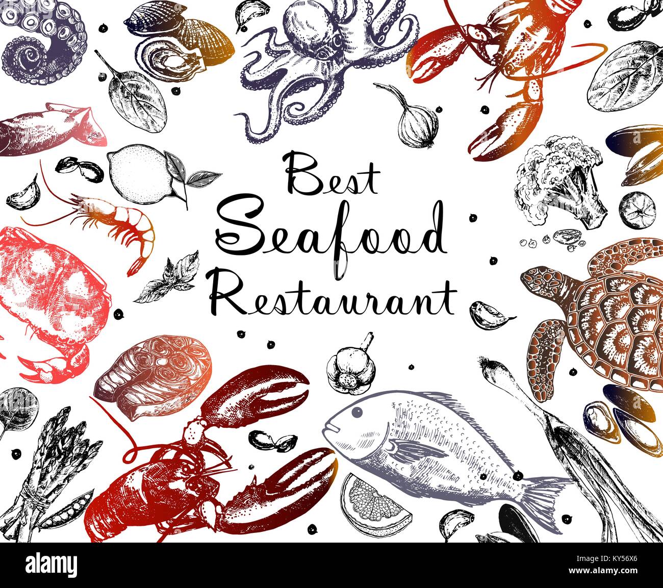 Hand drawn sketch style seafood with vegetables and fruits. Vector ...