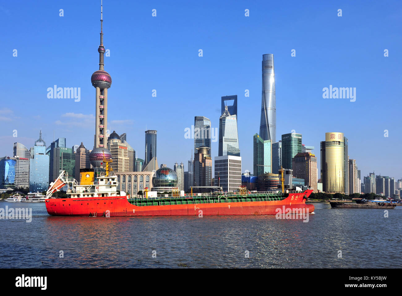 Shanghai, China - Nov 1 2017: A huge ship passes the magnificent ...