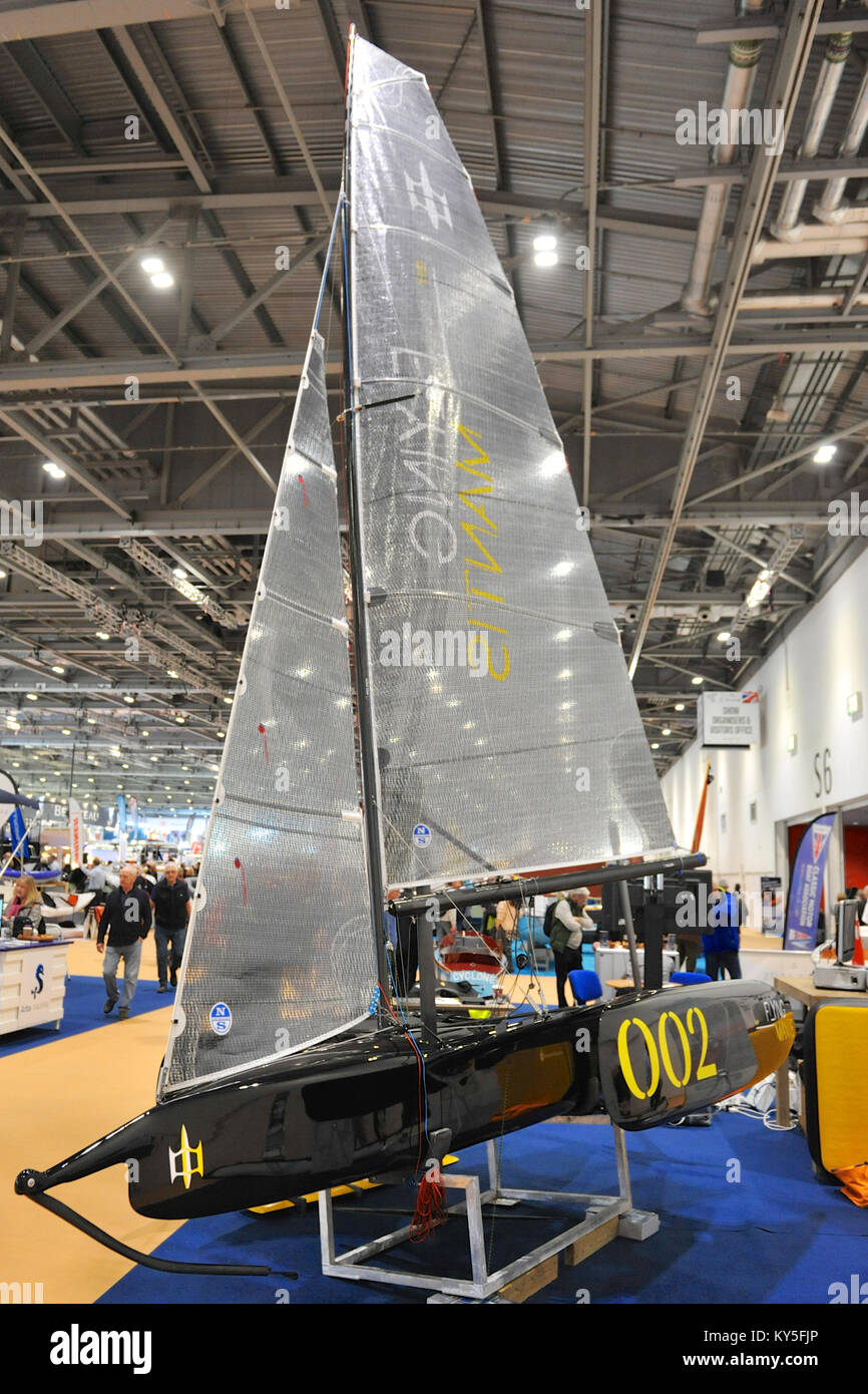 London, UK. 12th January, 2018. A Flying Mantis Carbon Fibre Trimaran ...